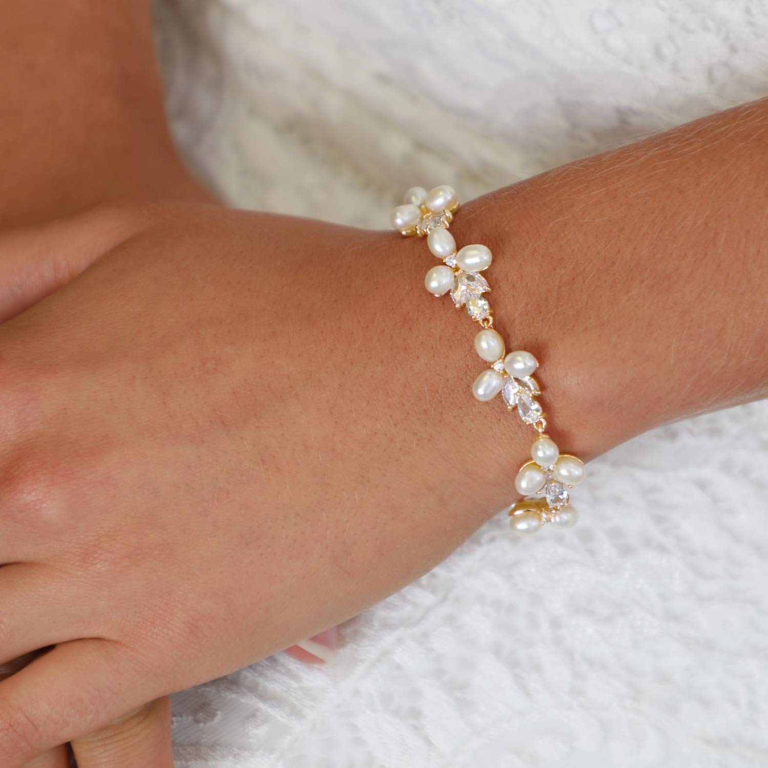 Mariell Freshwater Pearl Gold Bridal Bracelet, 6 5/8" Plus 1/2" Extender, Wedding Jewelry Gift for Women