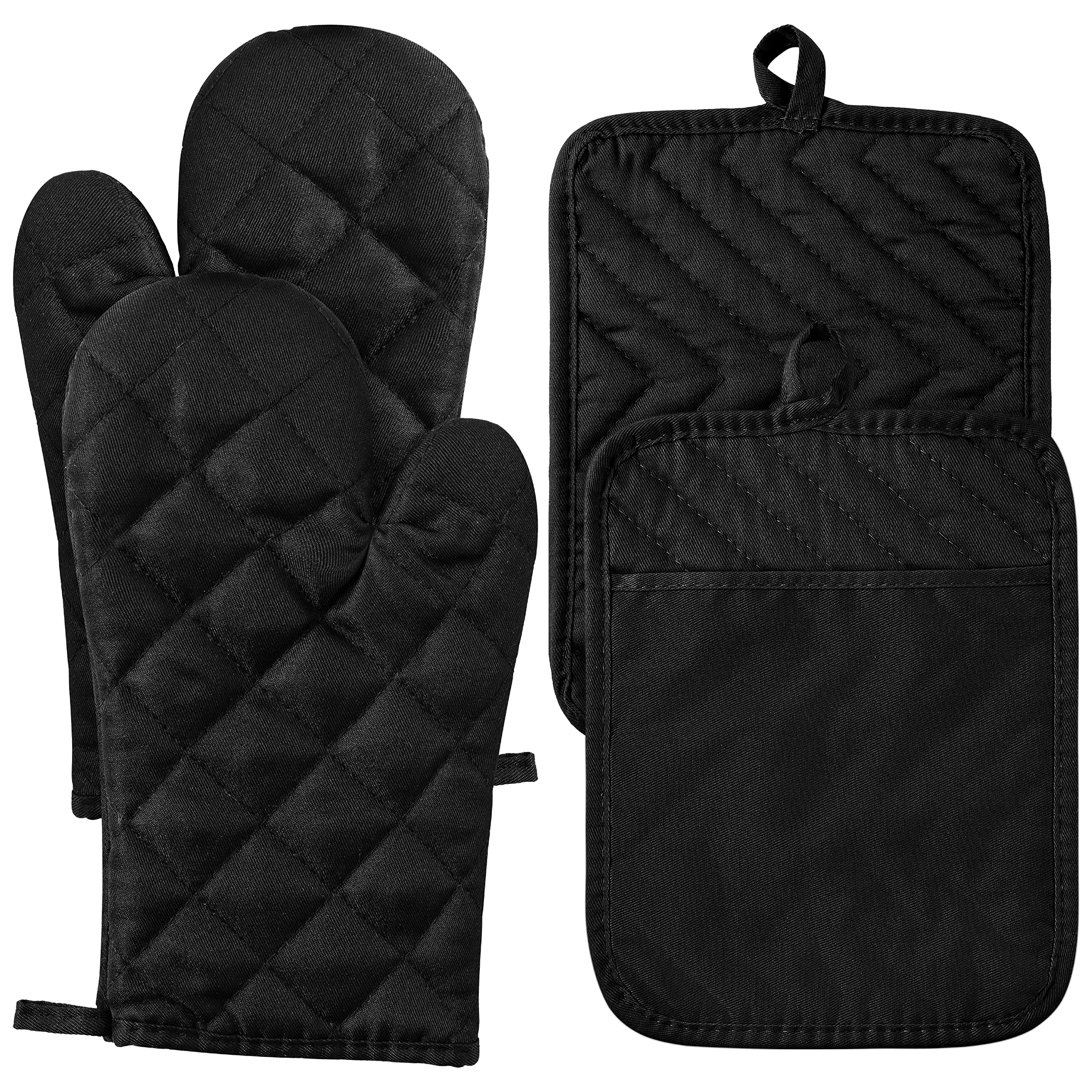 R HORSE 4Pcs Oven Mitts Pot Holders Set for Kitchen, Cotton Lining Heat Resistant Oven Gloves Black Kitchen Mittens Hot Pads Pot Holder with Pocket & Hanging Loop Trivets for Cooking Baking Grilling