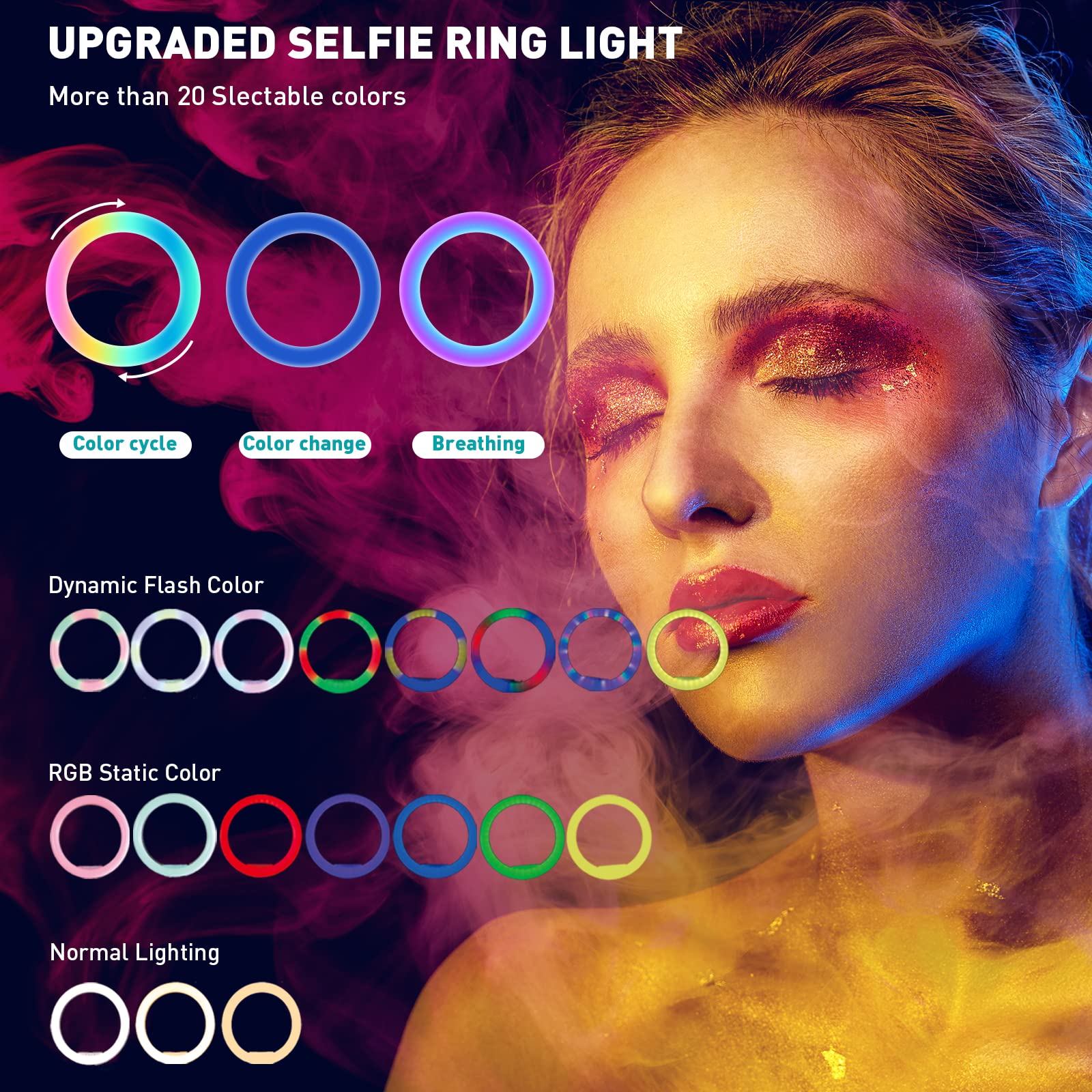 Selfie Ring Light, 10 inch RGB Ring Light with Stand, More Than 20 Colors Modes Dimmable Ring Light with 3 Phone Holder Suitable for Tiktok,YouTube/Shooting/Live
