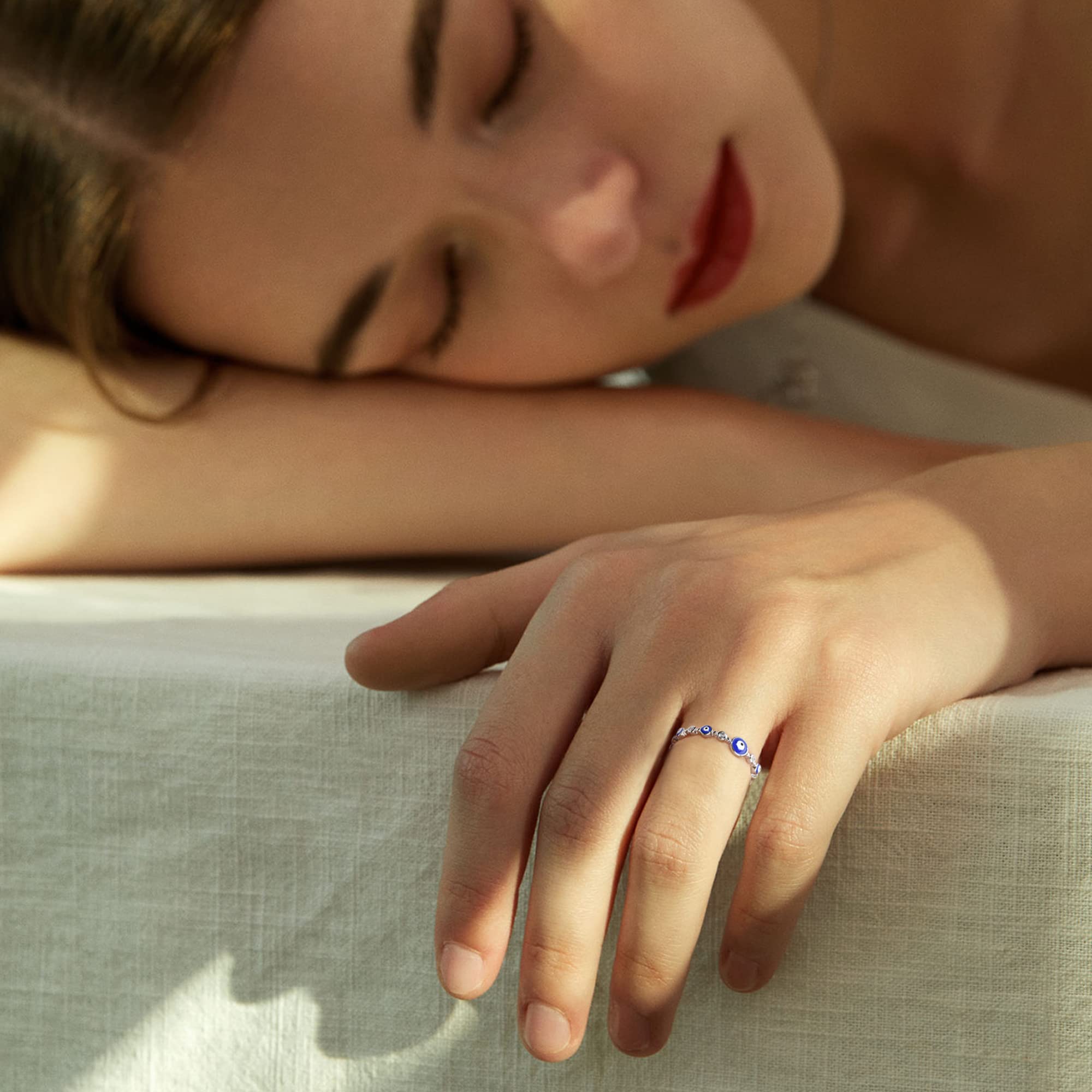 MUSECLOUD Evil Eye Ring for Women White Gold Plated 925 Sterling Silver Evil Eye Ring Minimalist Blue Eye Band Ring Protection Jewelry Size 5-10 (Blue, 9)
