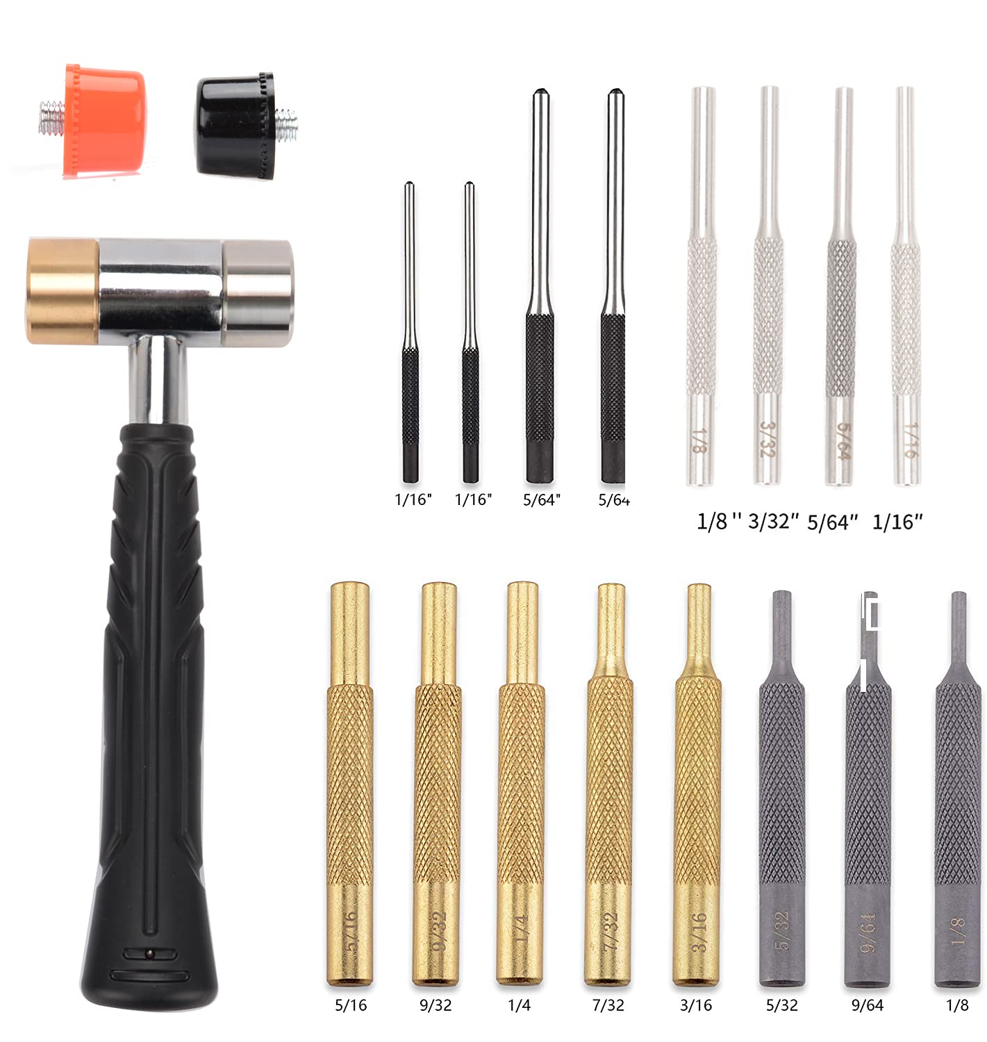 Pridefend Punch Set with Bench Block, Punch Set Made of Solid Material Including Roll Flat Pin Punch Set and Bench Block, Hammer with Detachable Heads,Punch Set with Portable Storage Case