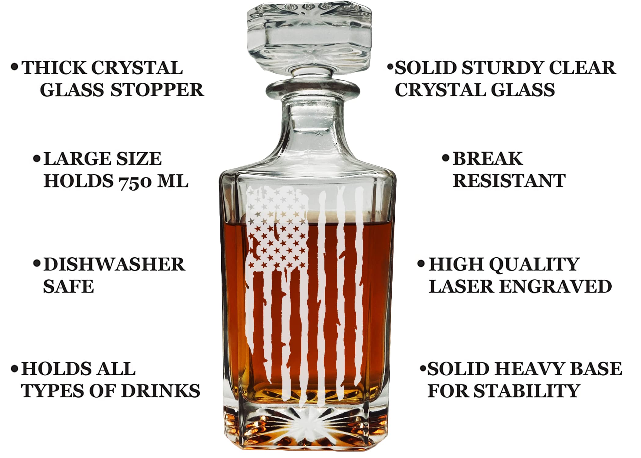 Rogue River Tactical Tattered Worn American US Flag USA Patriotic Whiskey Decanter With Airtight Glass Stopper Custom Gift For Men Dad Veteran Father's Day
