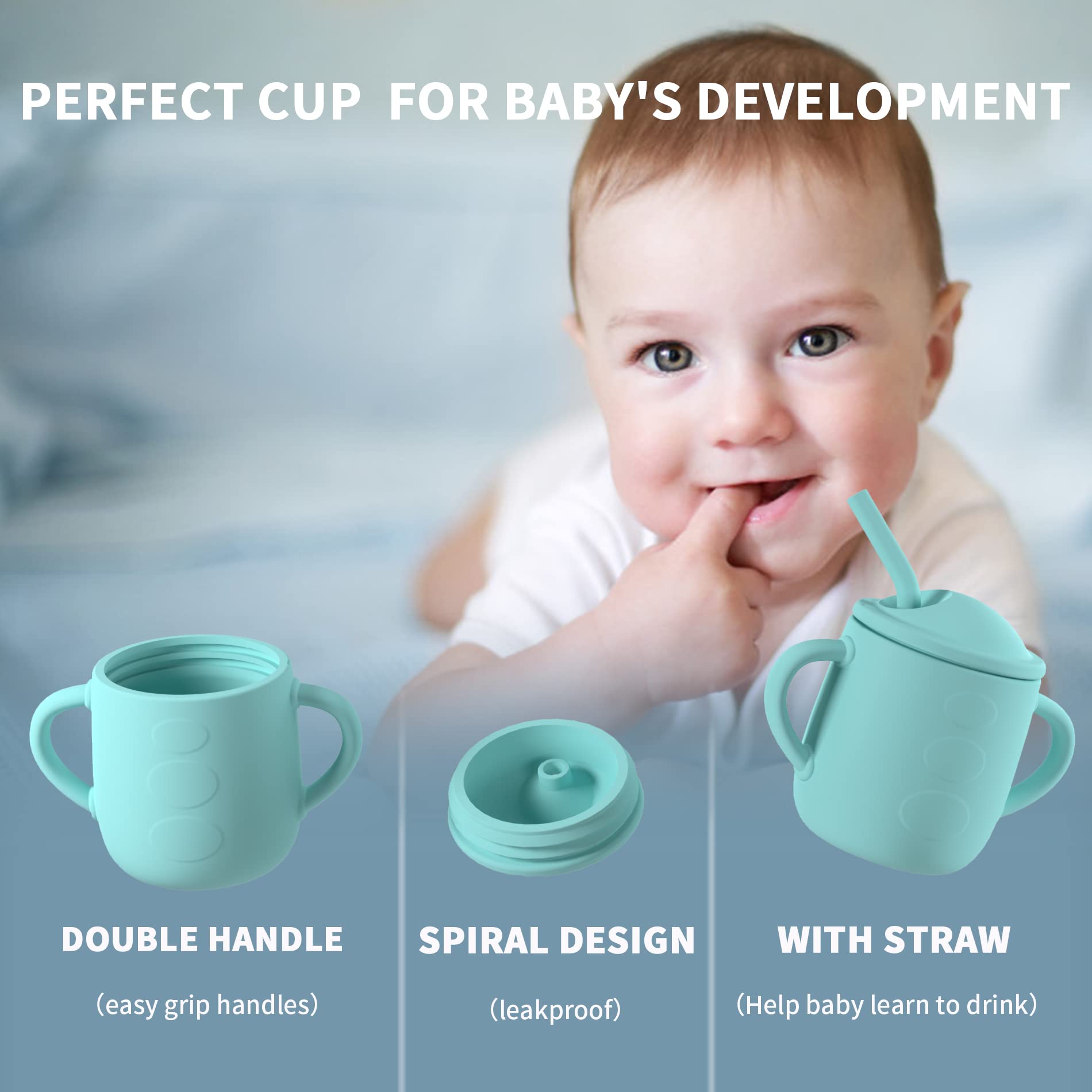 VOTSMOKK Silicone Training Cup for Baby,Spill Proof Toddler Straw Sippy Cups with Handles,Infants Open Cup 5oz,6 months+(SageGreen)