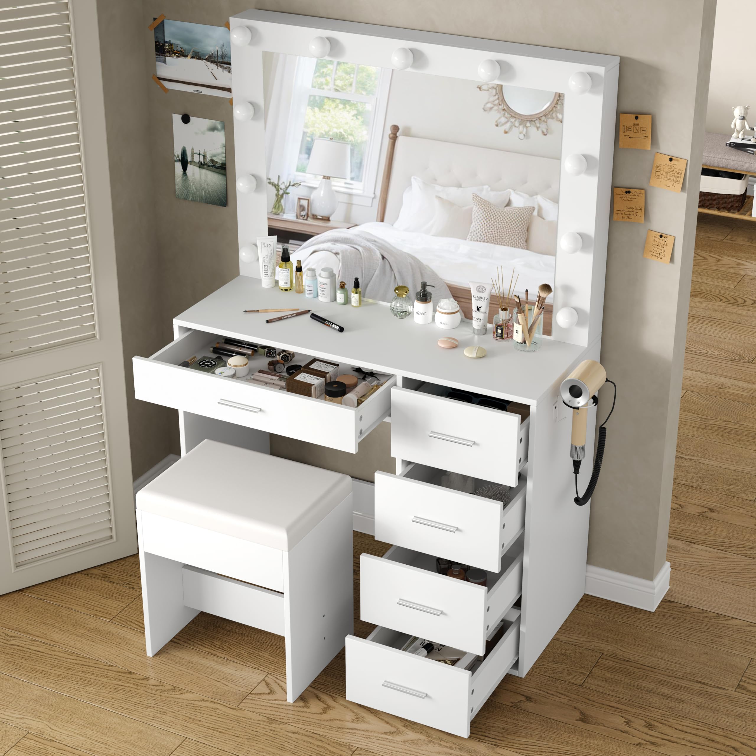 Yanosaku Vanity Desk with Power Outl,Makeup Table with Lighted Mirror, 3 Color Lighting Modes, Brightness Adjustable, Dressing Table with Drawers, Vanity Table Set for Women, Girls, White