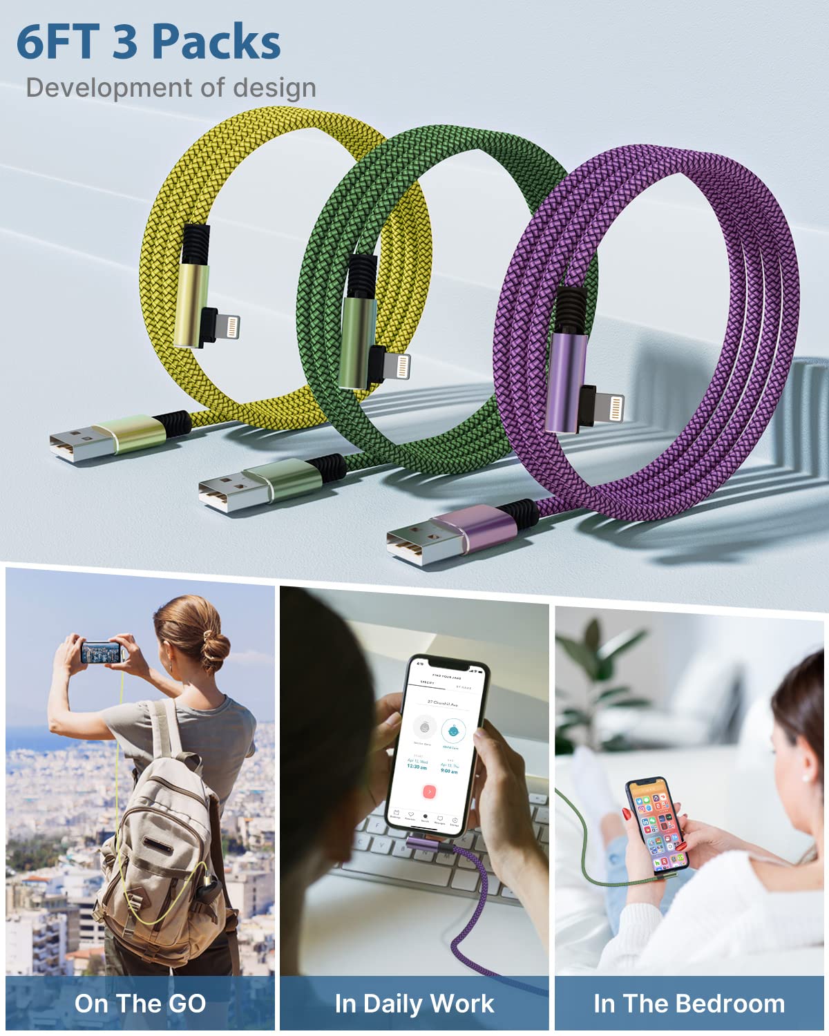 Yosou 90 Degree Charger 6FT 3Pack,Cable Right Angle Braided Fast Charging Cord