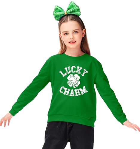 Remimi St Patrick's Day Girls Sweatshirt Boys Green Irish Clover Shirts Long Sleeve Casual Spring Lucky Charm Pullover Tops 11-12 Years
