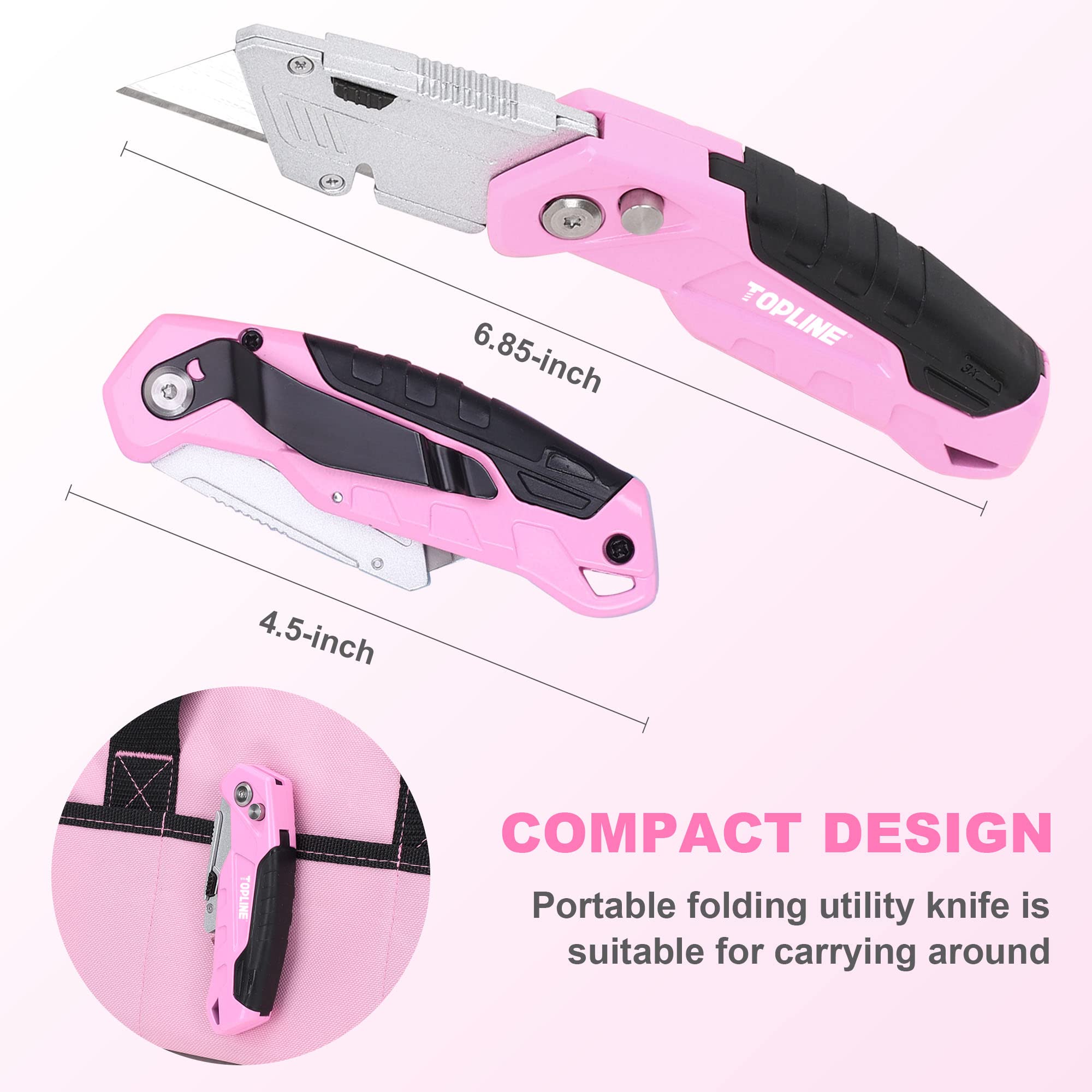TOPLINE Folding Pink Utility Knife, Pocket Folding Pink Box Cutter, Blade Storage Design, 18-Piece SK5 Blades and a Dispenser Included (1 PACK(PINK))