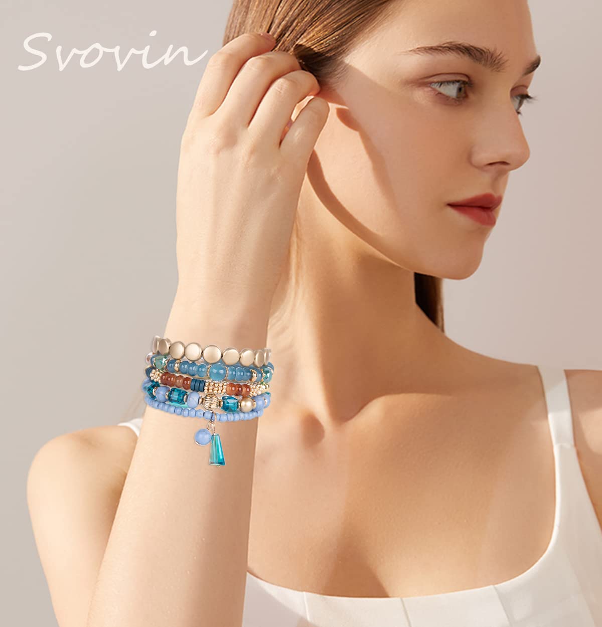 Svovin 6Sets Bohemian Mix Bead Multi Layer Versatile Statement Bracelets Stackable Beaded Strand Stretch Bangles Sparkly Crystal Tassel Charm Jewelry Gifts