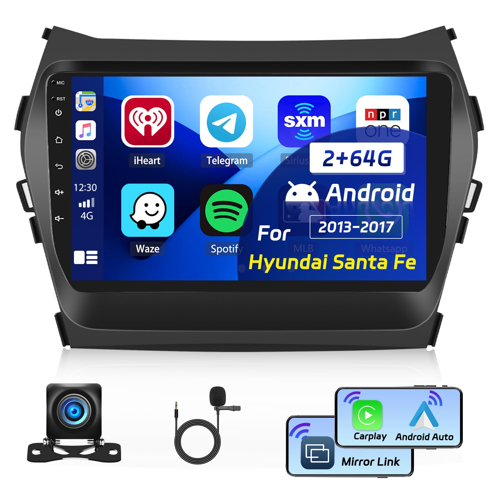 Roinvou [2G+64G] for Hyundai Santa Fe 2013-2017 Car Radio with Wireless Carplay/Android Auto, 9 Inch Android 13 IPS Touch Screen Car Stereo, Bluetooth, GPS, WiFi, SWC, HiFi + AHD Backup Camera