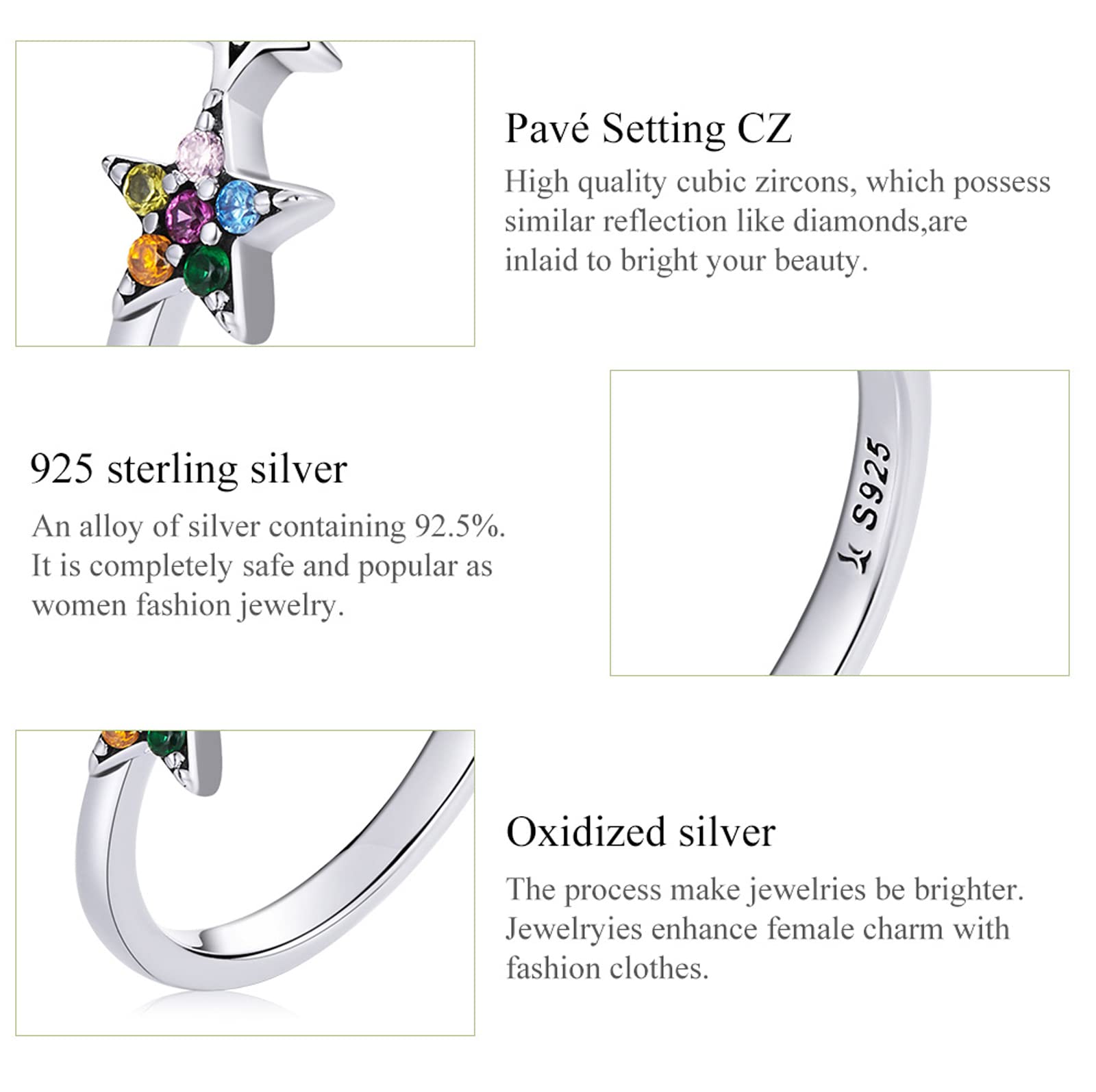 Qings Stars Ring 925 Sterling Silver Adjustable Rings for Women Colorful Zircon Open Ring Stackable Engagement Ring Gift for Women