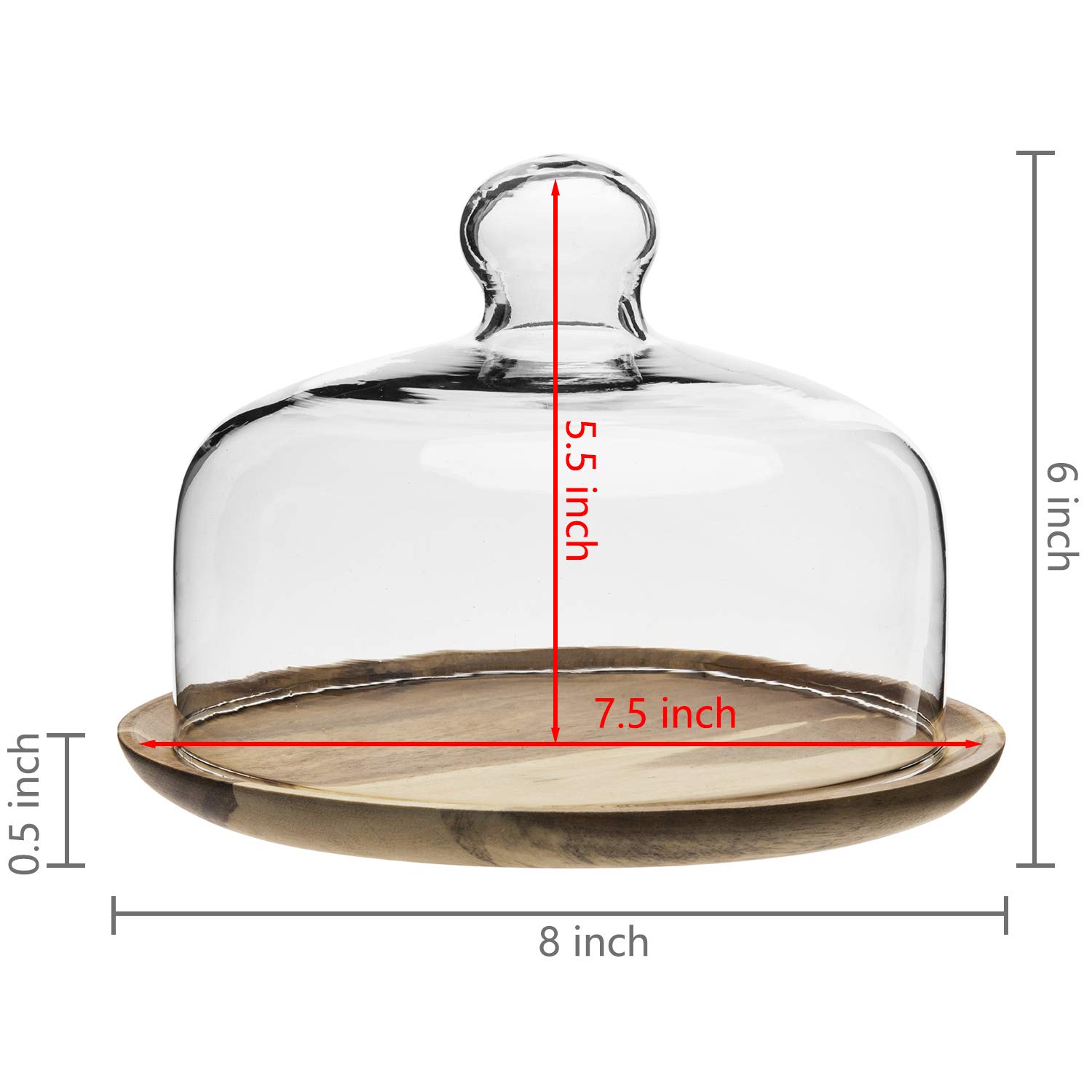 MyGift 7.5 Inch Small Clear Glass Dessert/Cheese Cloche Dome with Acacia Wood Serving Tray
