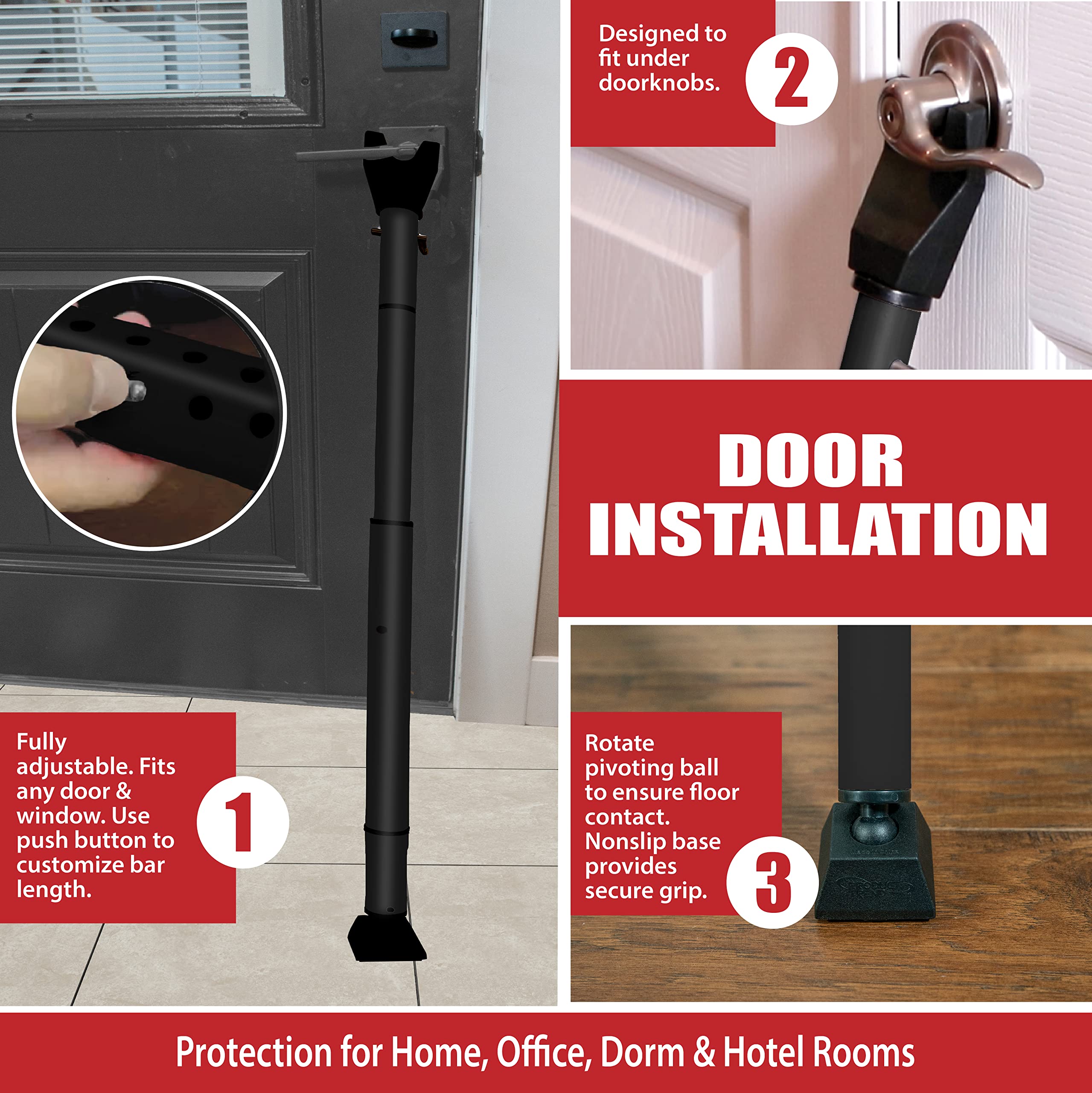 Product Trend Dual Security Bar, 1-Set Adjustable-Length Portable Strong Door Bar for Hinged and Sliding Patio Doors and Windows, Home Safety and Travel Security, Extends 28 Inches to 45 Inches, Black