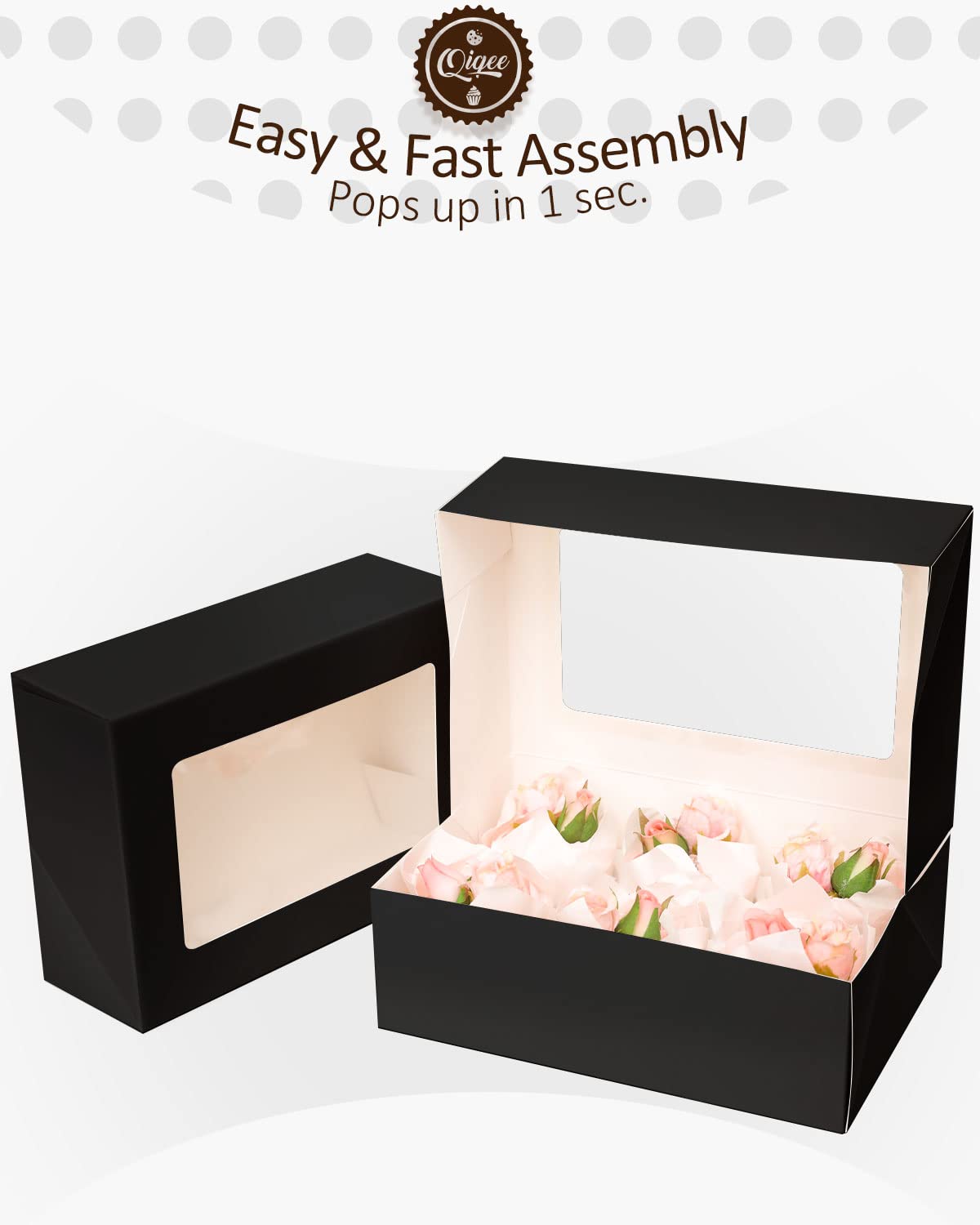 qiqee Black 6 Cupcake Boxes with Window Auto-pop up 30 Packs Cupcake Box 9"x6.1"x3.3" Bakery Boxes For Cupcakes Carrier, Cupcake Containers