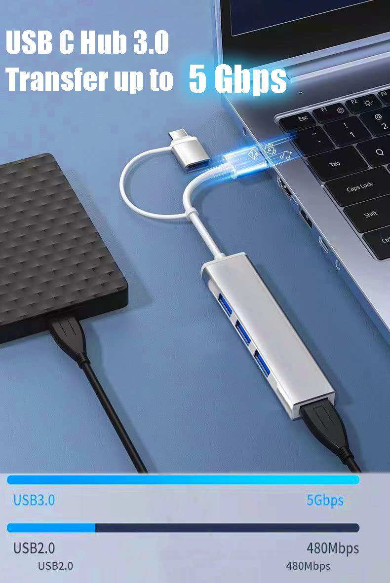 USB C to USB Hub 4 Ports, Siawclub USB 3.0 Hub with a Type C to USB Adapter, Thunderbolt 3 to USB Hub Compatible with Thunderbolt 4 MacBook Pro, Pad Pro, Mac, Surface, Grey