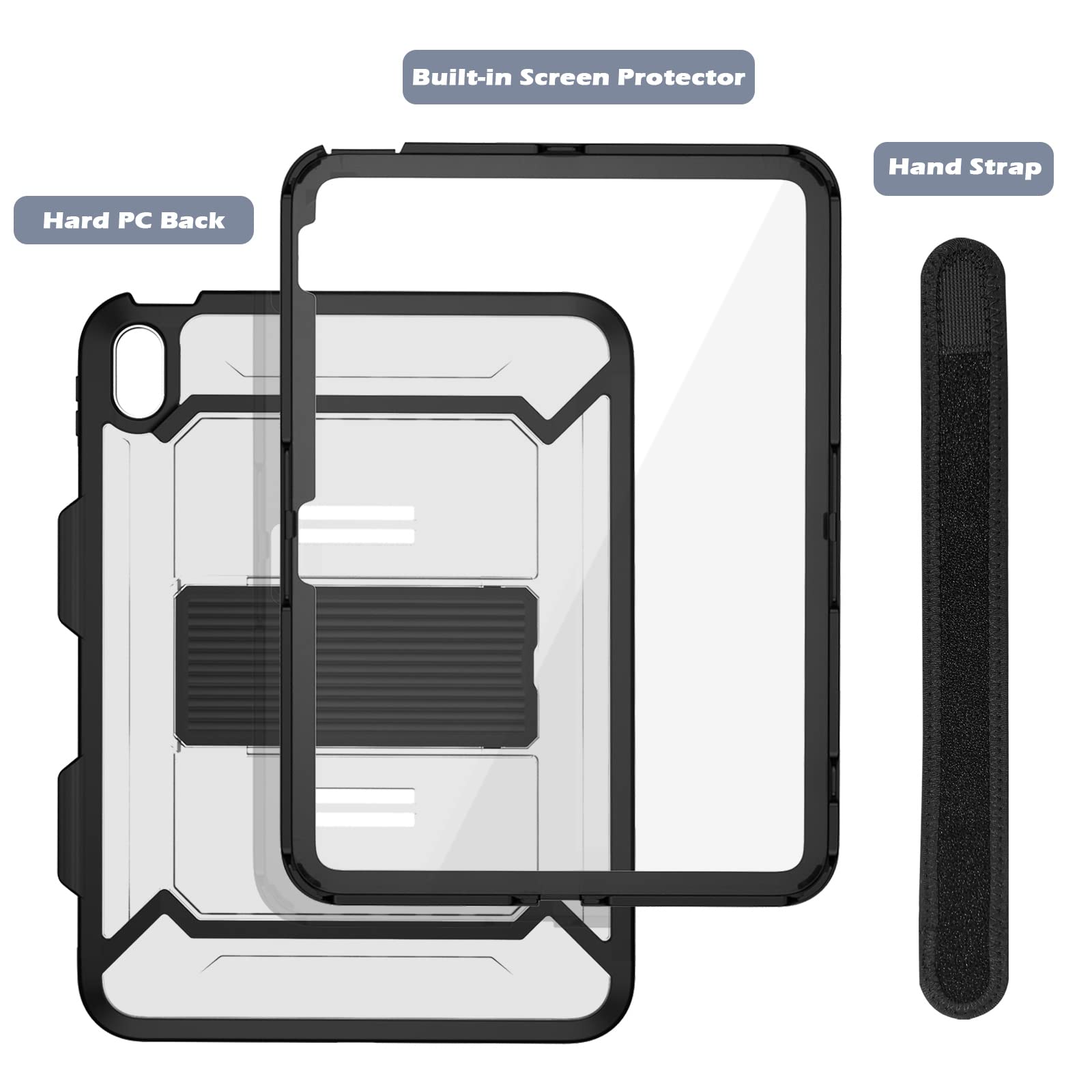 ZPU iPad 10th Generation Case Clear 2022, iPad 10.9 Inch Case with Built-in Screen Protector & Hand Strap, Pencil Holder & Kickstand, Black Frame & Transparent Back, Shockproof iPad 10th Gen Case