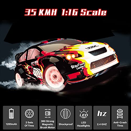 Losbenco Remote Control Car 1/16 Scale 30+MPH 4WD Drift RC Car, 7.4V 1200mAh RC Off-Road Car with Upgraded Brush Motor, 2 Sets of Tires and Light for 8-12 Years Old