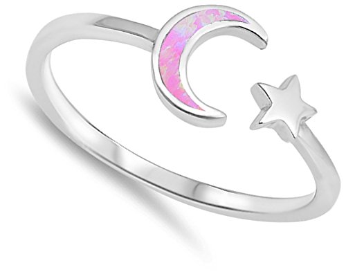 Pink Simulated Opal Moon Star Adjustable Ring Sterling Silver 925 Size 6