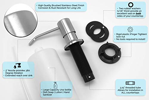 Ultimate Kitchen Built-in Soap Dispenser for Kitchen or Bathroom: Durable Stainless Steel; Fills from top, Large 17oz. Bottle; Long 3 inch Nozzle; Check Valve maintains Prime. Satin Finish