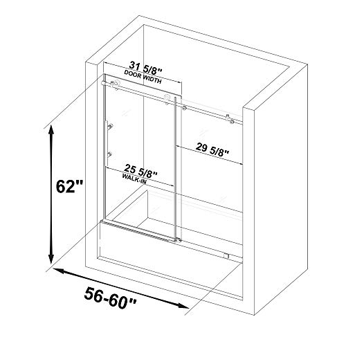 WOODBRIDGE Frameless Sliding Bathtub Door, 56"-60" Width, 62" Height, 3/8" (10 mm) Clear Tempered Glass, Brushed Nickel Finish, Designed for Smooth Door Closing and Opening. MBSDC6062-B4