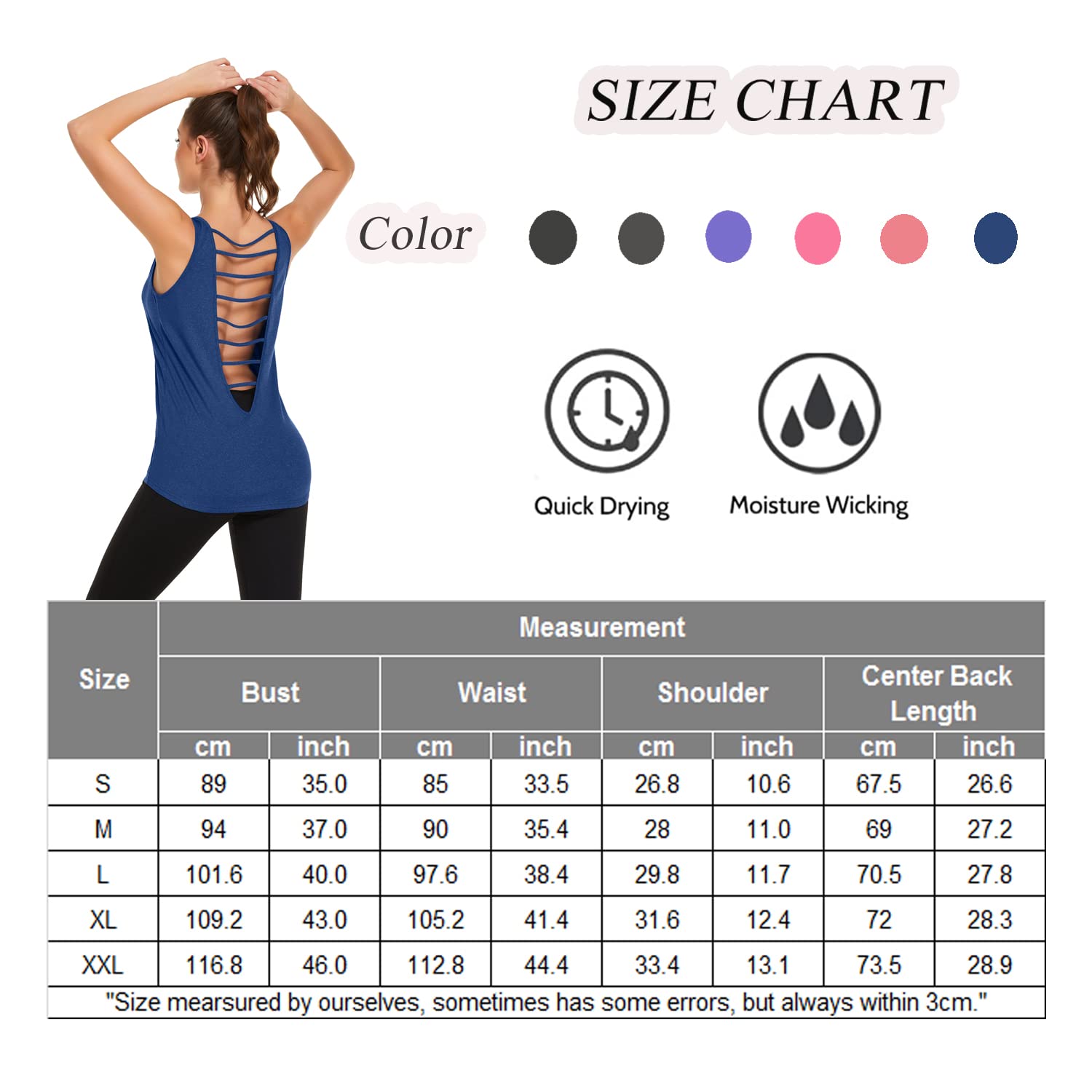 PINSPARK Sleeveless Workout Tank Tops for Women Backless Yoga Shirts Open Back Shirts Blue