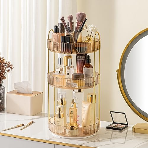 LAECHATAR Rotating Makeup Organizer for Vanity 3 Tiers, Large Capacity Skincare Organizers and Storage, Perfume Organizer Countertop, Spinning Bathroom Lazy Susan (Vintage Gold)