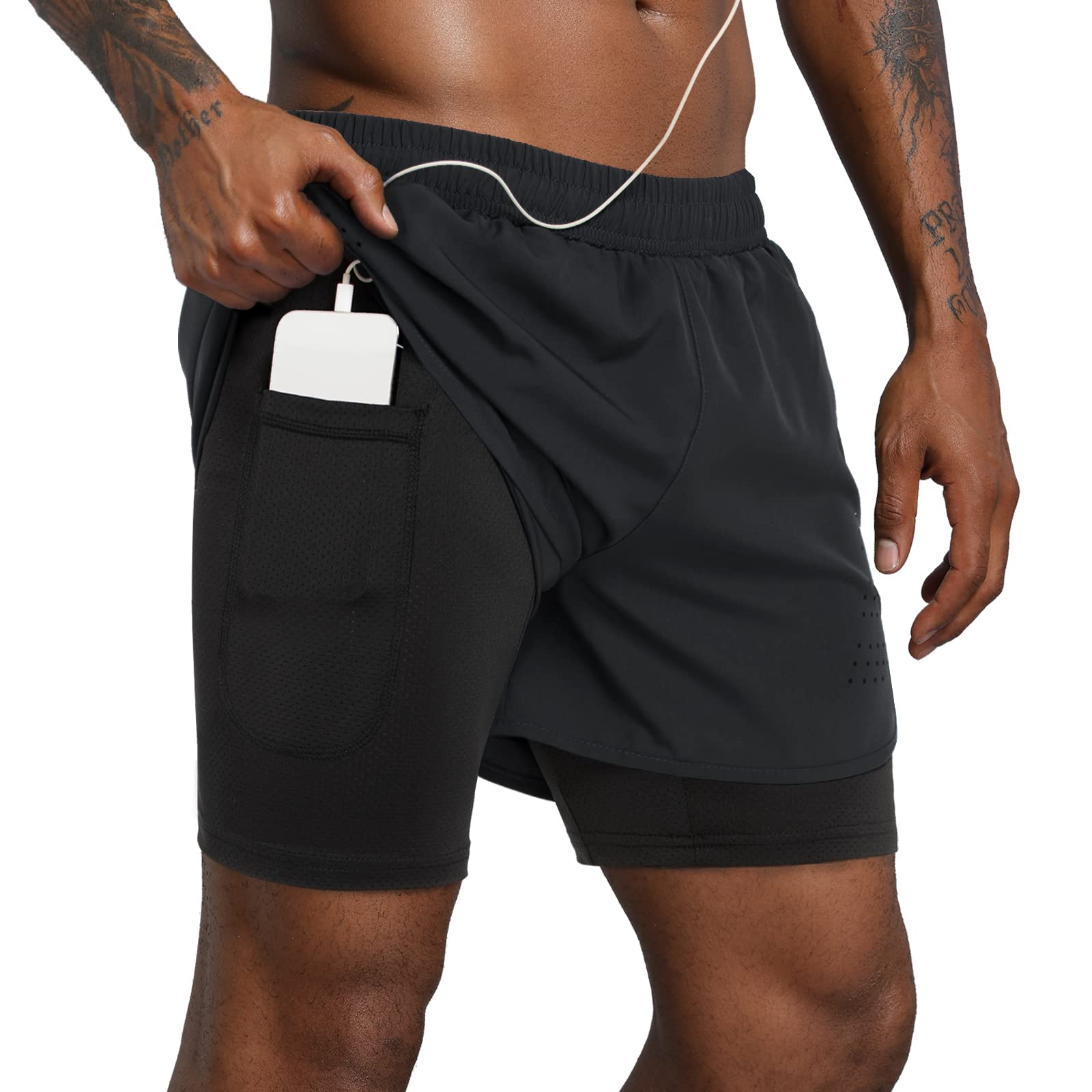 Lulucleaf Running Shorts for Men with Liner Mens 2 in 1 Workout Athletic Yoga Shorts (Black, M)