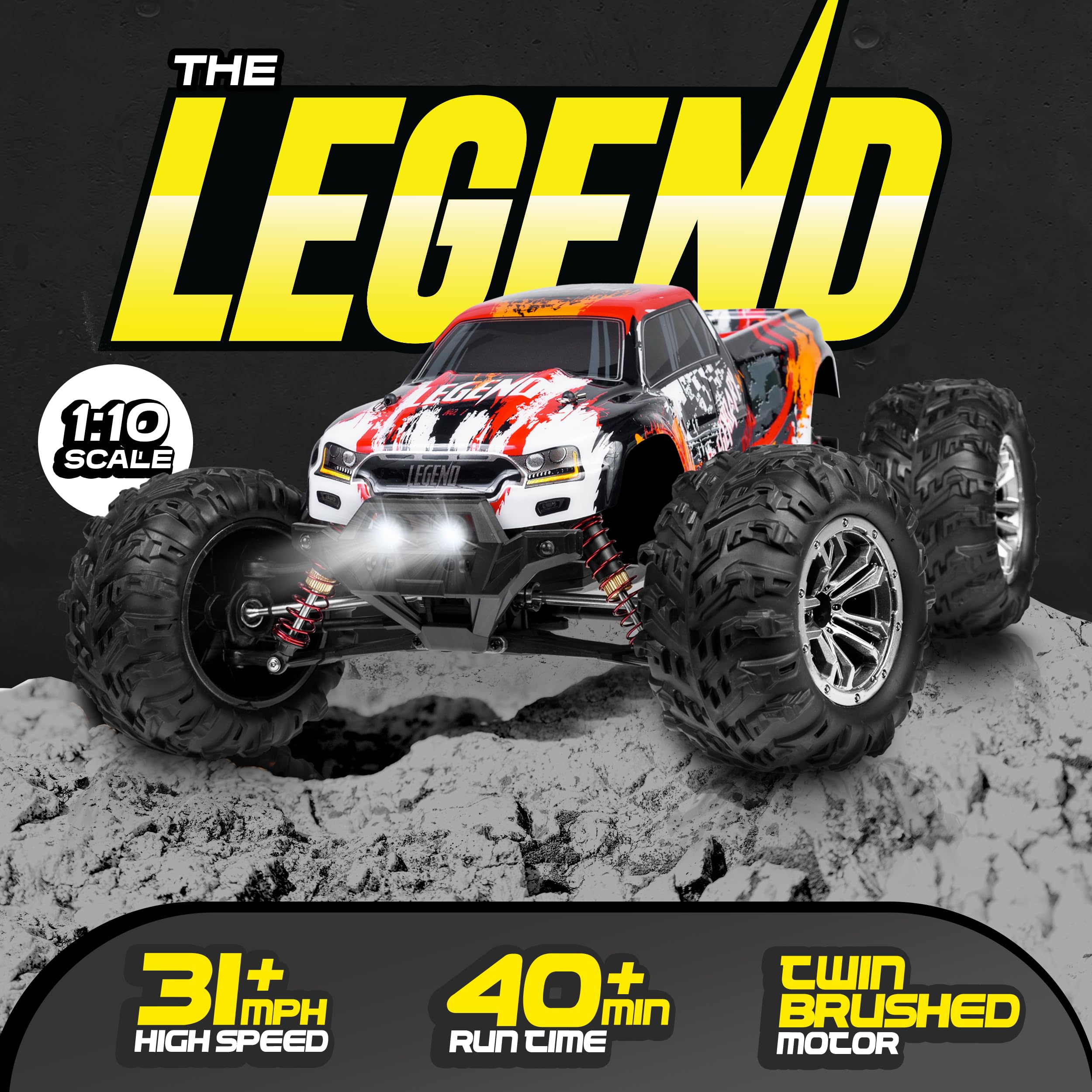 LAEGENDARY 1:10 Scale 4x4 Off-Road RC Truck - Hobby Grade Brushed Motor RC Car with Batteries, Waterproof Fast Remote Control Cars for Adults