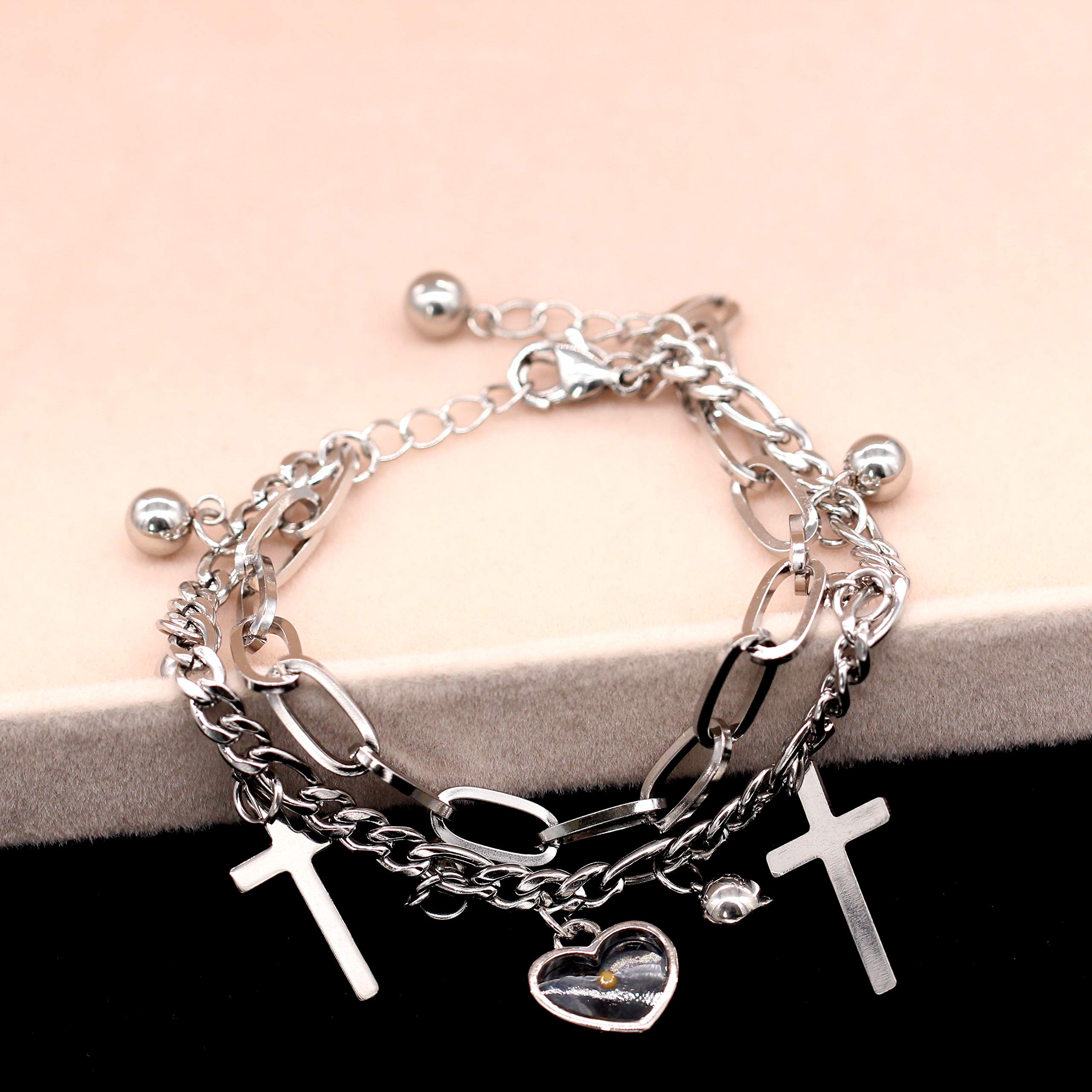 NA Stainless Steel Cross Bracelet,Charms Religious Faith Mustard Seed Link Chain Bracelet for Women Y706-Silver