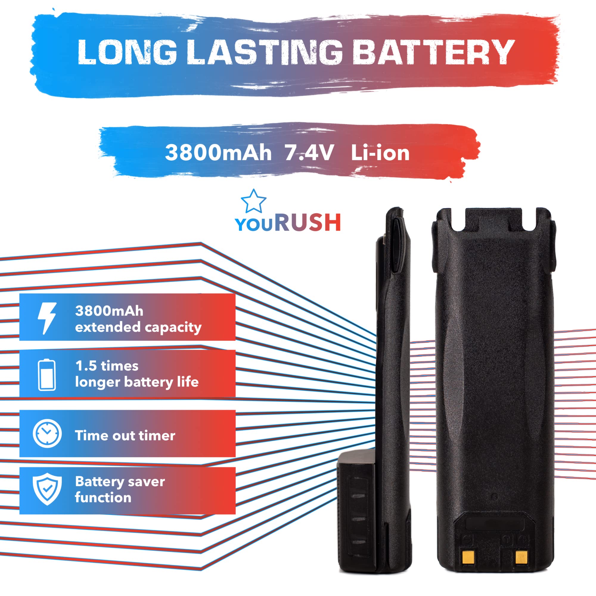 youRUSH 2 Pack BL-8 Extended UV 82hp Battery 3800 mAh with USB Charging Cables - Compatible with Baofeng UV-82 - Accessories Set of Replacement Battery BL8 & USB Charger