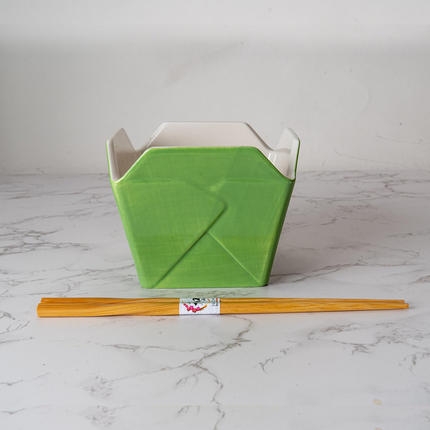 Urban Tokyo Chinese Takeout Box Style Porcelain Bowl With Chopsticks 18 fl oz Square Box Shape Rice Noodles Pasta To Go Box Shaped Bowl Microwave Dishwasher Safe (Hungry Panda)
