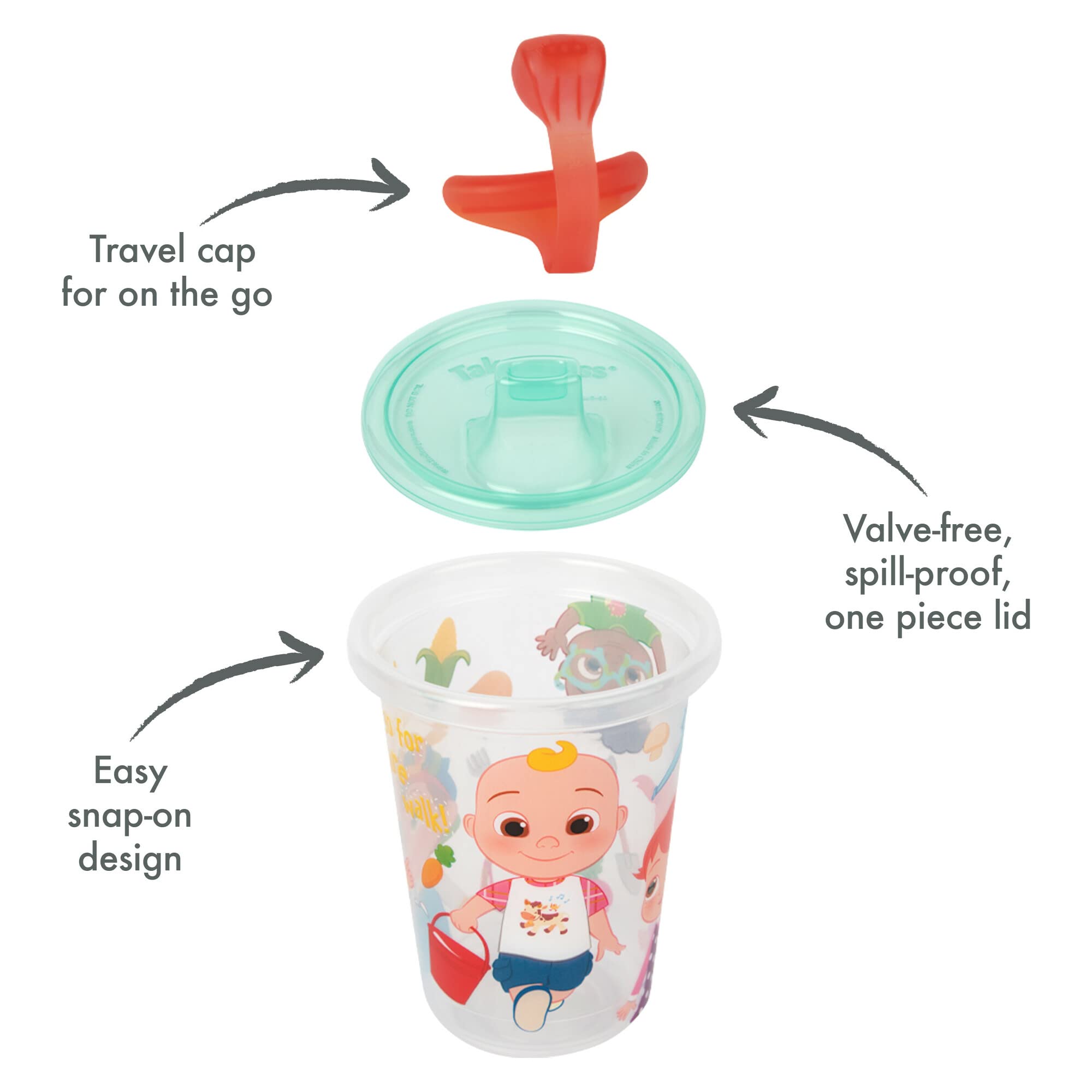 The First Years Cocomelon Take & Toss Toddler Sippy Cups - Spill Proof Toddler Sippy Cups with Snap On Lids and Travel Caps - Cocomelon Feeding and Party Supplies - 10 Oz - 8 Count