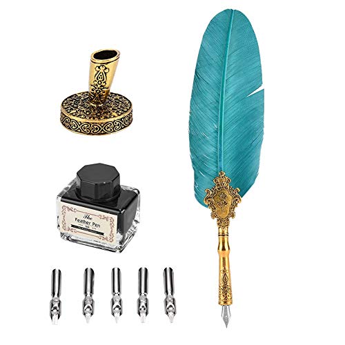 Quill Pen Feather Pen, Handmade Antique Calligraphy Pen Set, Writing Quill Pen with 5 Replacement Nibs & Empty Ink Bottle, Stationery Gift Come with Gift Box