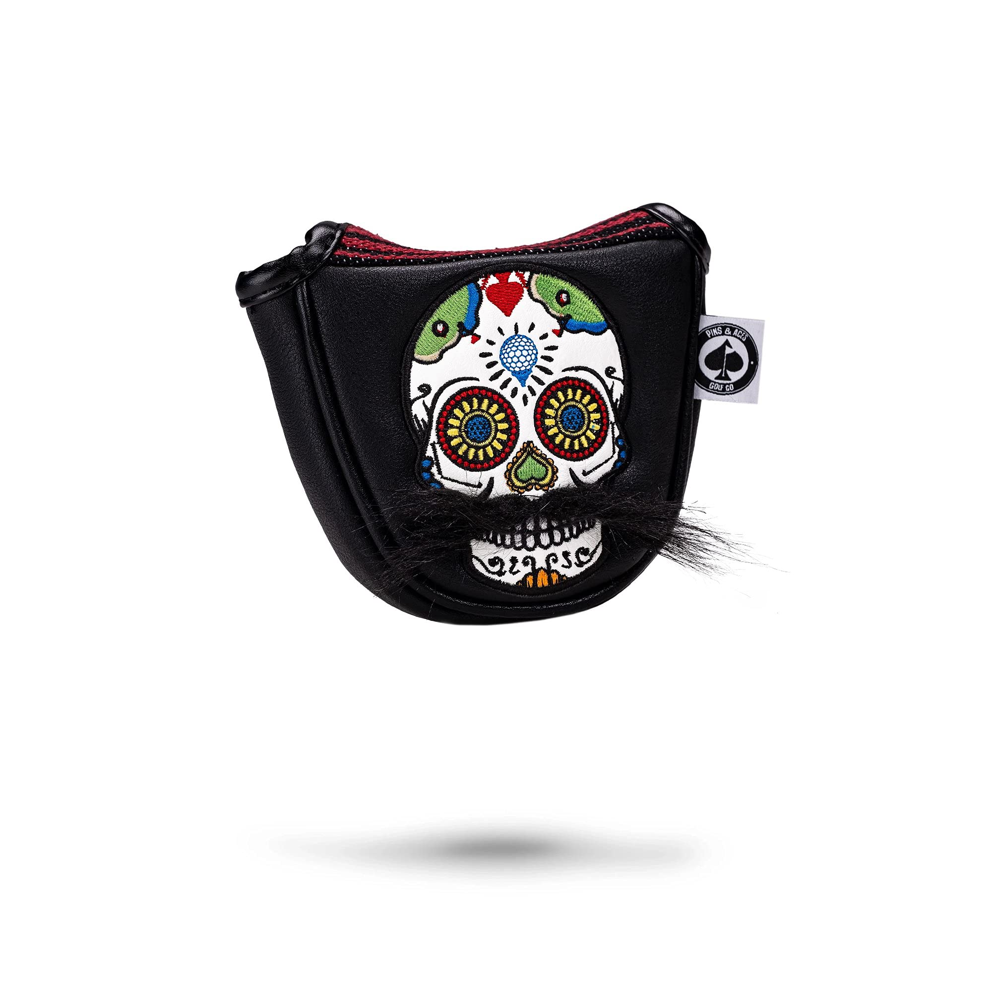 Pins & Aces LE Sugar Skull Mustache Mallet Putter Head Cover - Premium, Hand-Made Leather Putter Headcover - Funny, Tour Quality Golf Club Cover - Style and Customize Your Golf Bag (Black)