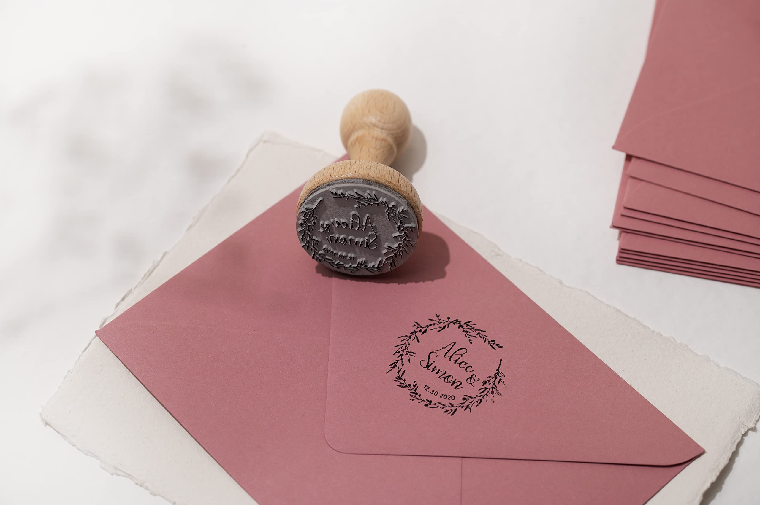 Stamp by Me | Custom Wedding Stamp | Wedding Stamp | Personalized Stamp | 12 Exclusive Designs | Wooden Stamp | Ideal for Envelopes and Wedding Invitations | Names and Date | Circular Flower Wreath