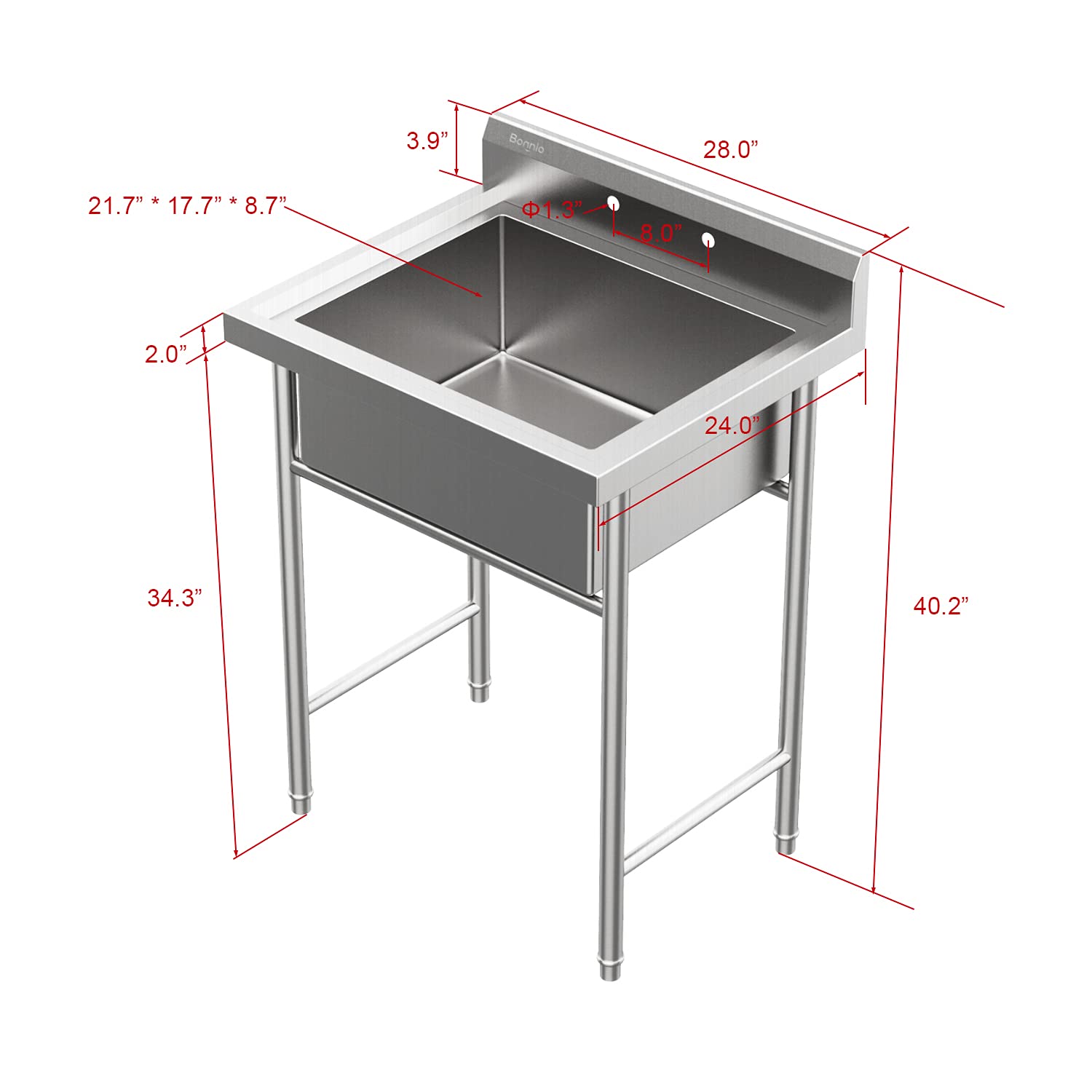 VINGLI Upgraded Free Standing 304 Stainless Steel Utility Sinks for Laundry Room with Backsplash, Industrial Garage Sink Commercial Sink for Restaurant, Workshop β 28" W x 24" D x 40.2" H