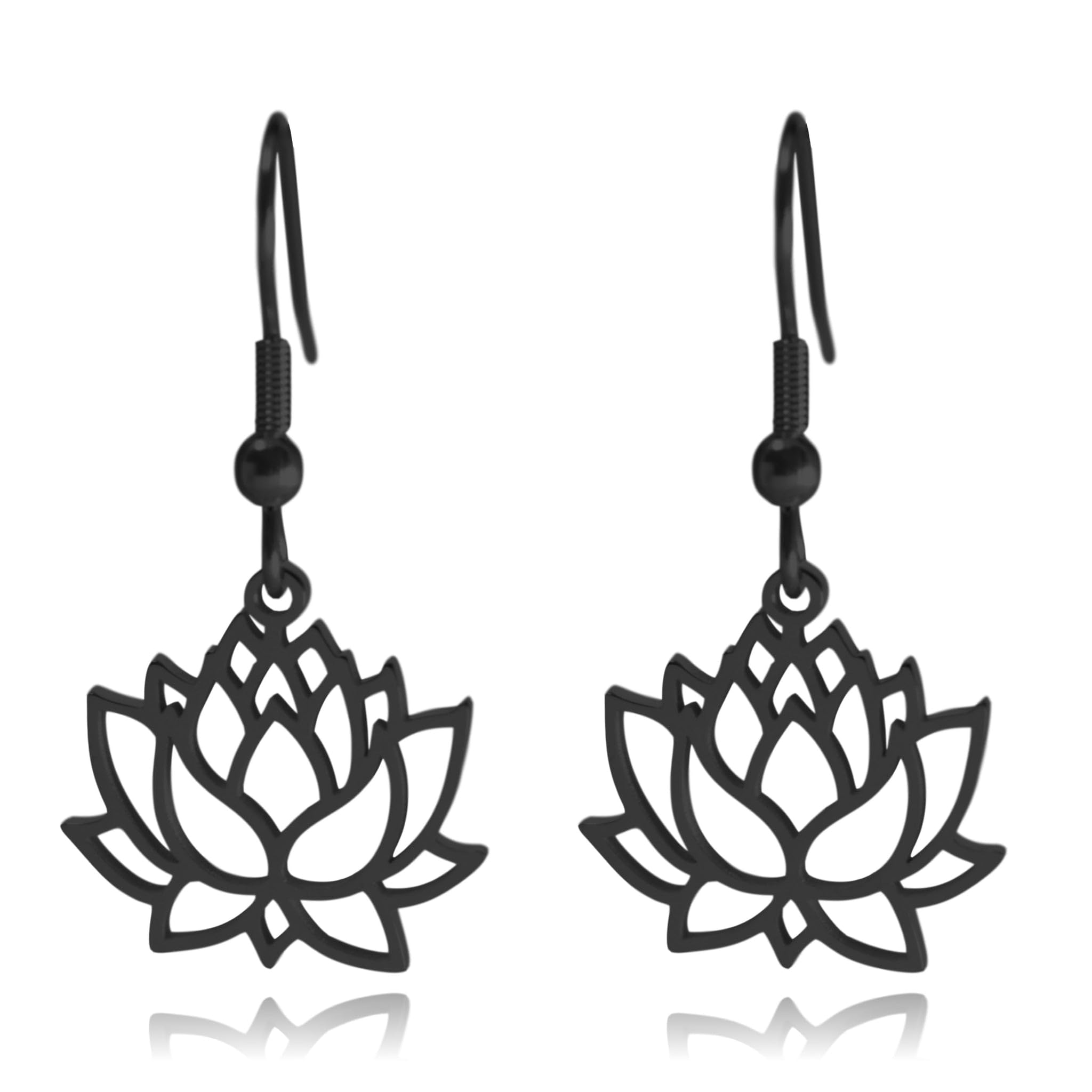 Lotus Flower Stainless Steel Dangle Earrings (Black)