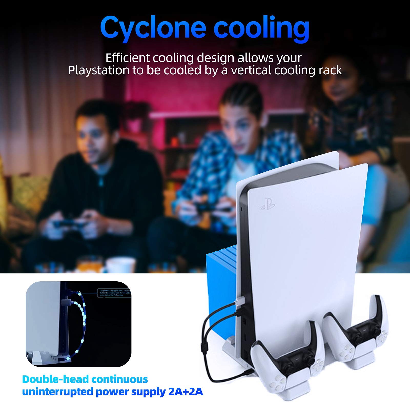 PS5 Stand with Suction Cooling Fan and Dual Controller Charger Station with Charging Dock Station and 12 Game Slots- 2 IN1 Cable Included