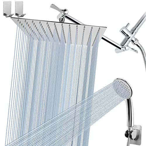 Shower Head Combo with 11'' Extension Arm,High Pressure Rain Shower Head with Handheld Shower Spray and Holder/ 1.5M Hose,Dual Rainfall Showerhead Set,Chrome (12 Inch)