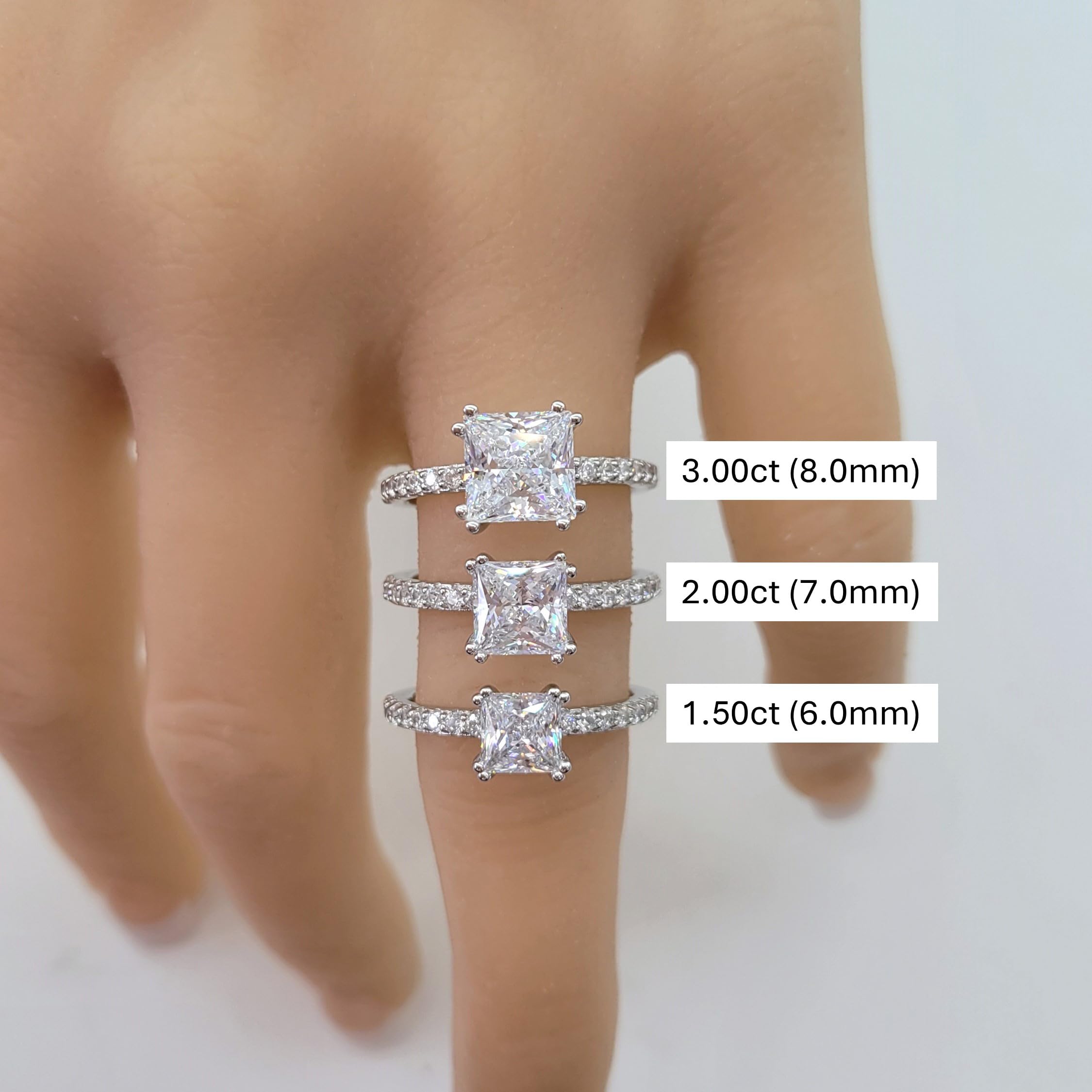 NANA Jewels Silver 8mm (3ct) Princess Cut Pure Brilliance Zirconia Solitaire w/sides Engagement Ring-Rhodium Plated-Size 7