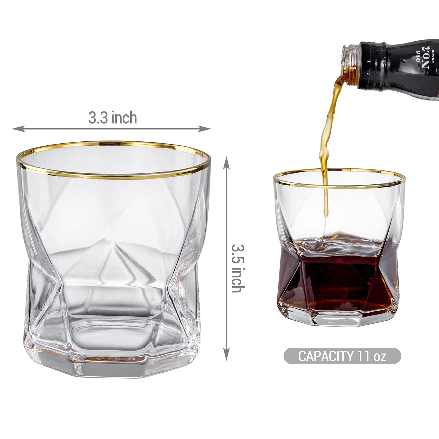 MyGift Set of 4 Clear Glass Old Fashioned Whiskey Tumblers with Prismatic Geometric Shape Design and Gold Rim - 11 oz