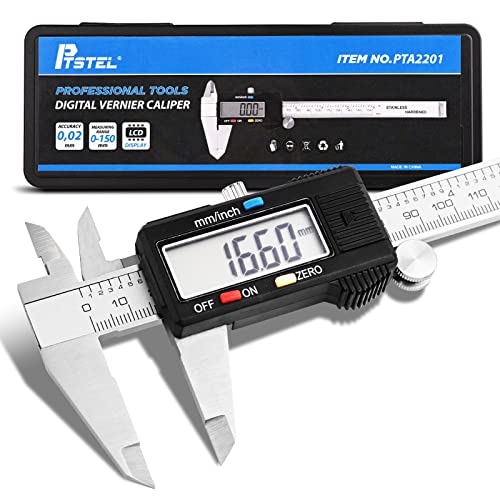 PTSTEL Digital Caliper, 6 Inch Electronic Digital Caliper Measuring Tool Accuracy with Large LCD Screen, Auto-Off Feature, Inch and Millimeter Conversion Stainless Steel Calipers for DIY/Household