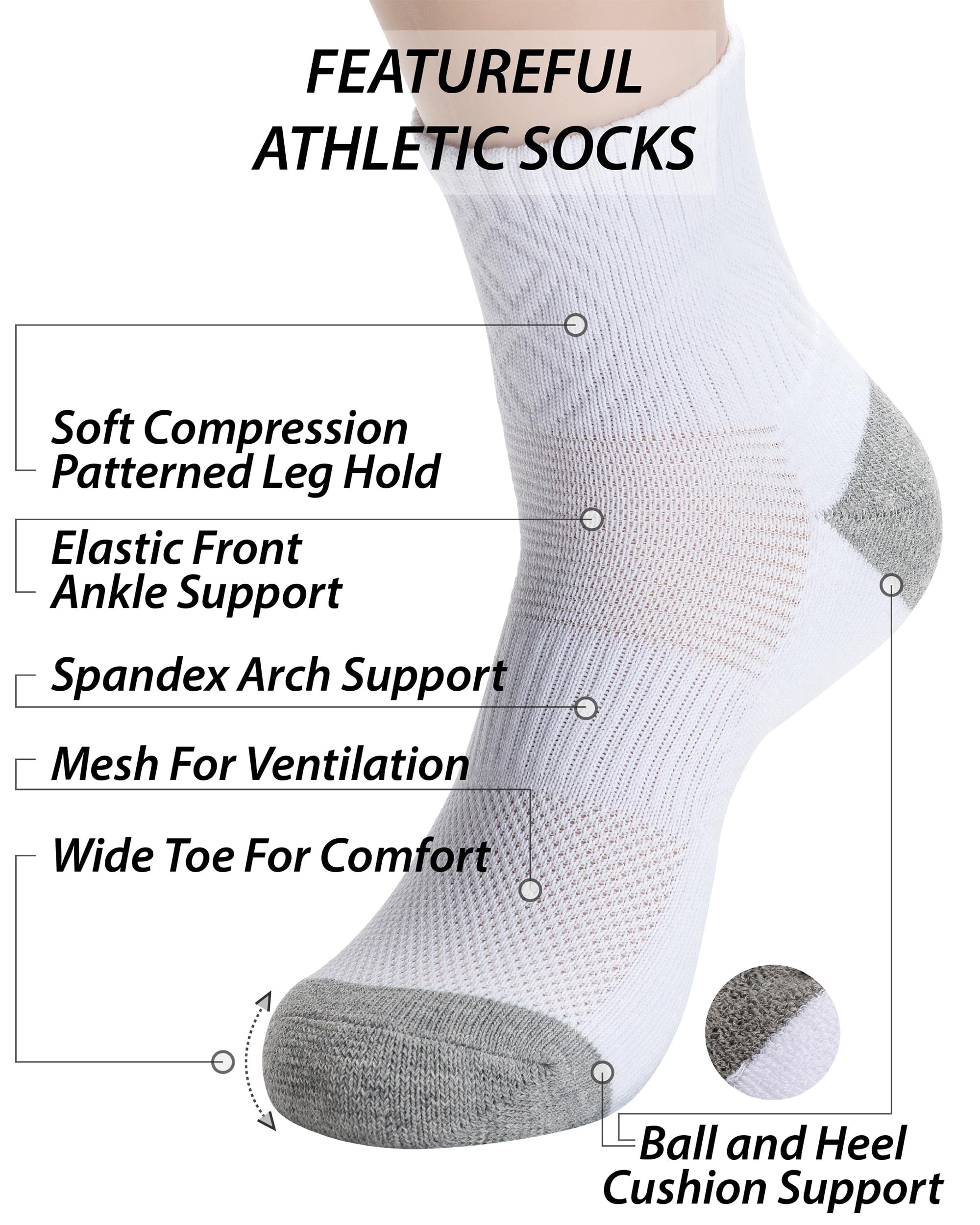 Pro Mountain Quarter Ankle Compression Athletic Cotton Mesh Instep Sports Hiking Socks Size L US Men Shoe 9-11 Women 10-12 4 Pairs White