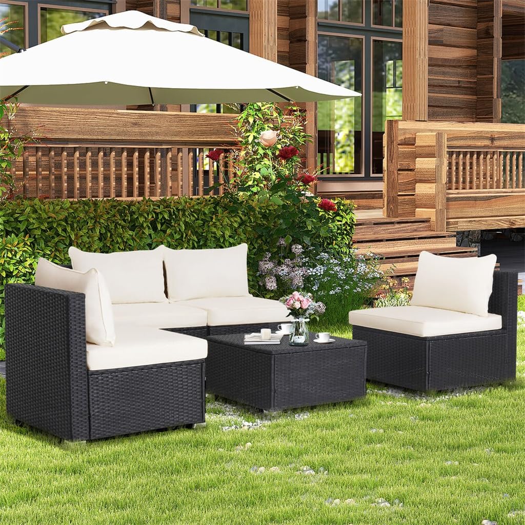 LIUJUN 5PCS Patio Rattan Wicker Furniture Conversation Set Cushioned Sofa Deck