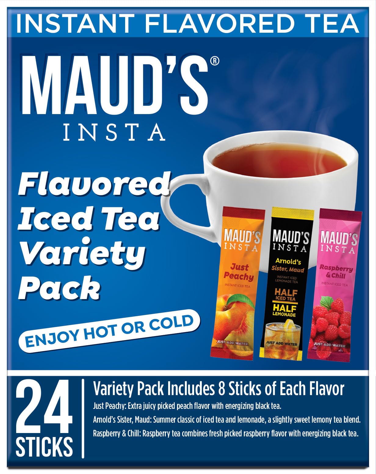Maud's Instant Peach Tea (Insta Just Peachy), 26ct. Solar Energy Produced Single Serve Peach Flavored Tea Instant Travel Stick Packs, Instantly Hot or Iced Tea, 100% California Tea Blend