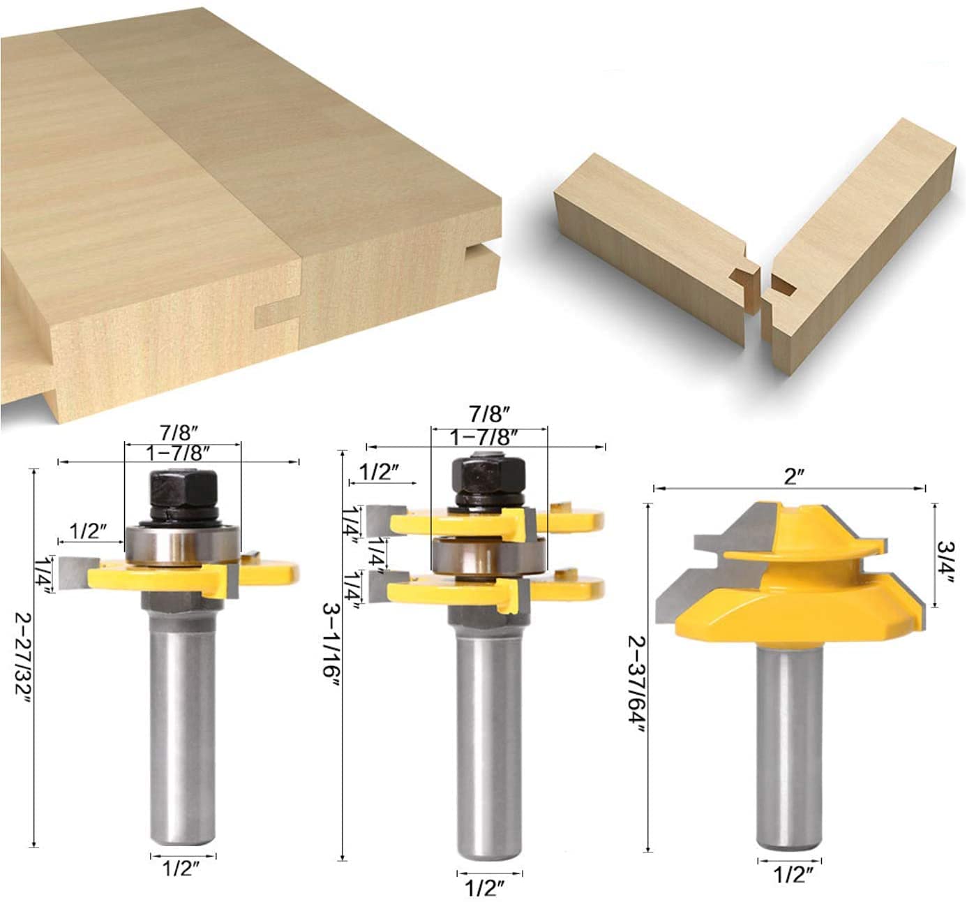 Lock Miter 45 Degree Joint Router Bits + 2Pcs Tongue and Groove Set [1/2-Inch Shank], APLUS 45° Lock Mitre Glue Joint Router Bit + Router Bit Set 3 Teeth T Shape, Wood Milling Cutter Woodworking Tool
