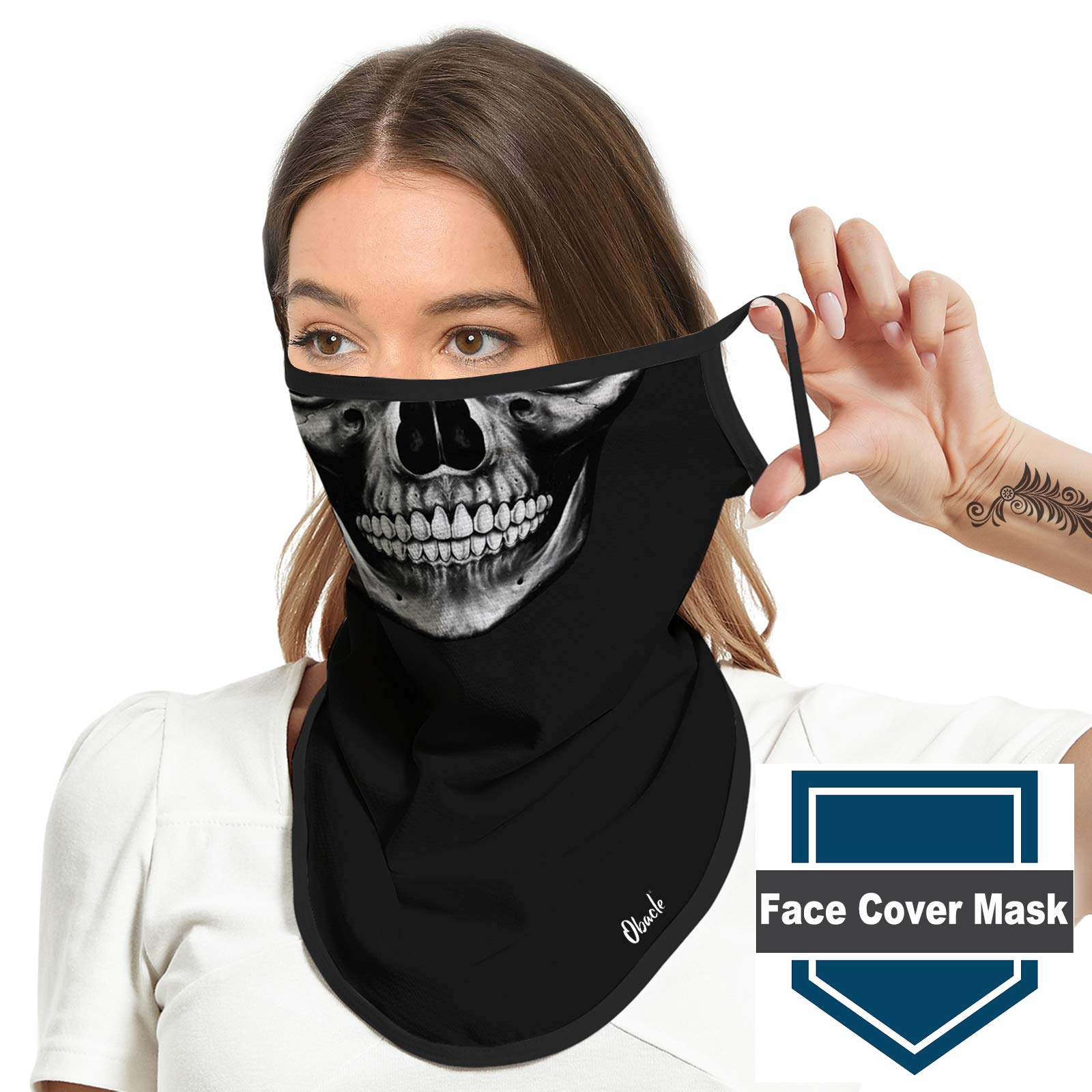 Obacle Bandana Face Mask with Ear Loops Neck Gaiter Face Mask Scarf Face Cover for Men Women (Skull Neat Teeth Black Face)