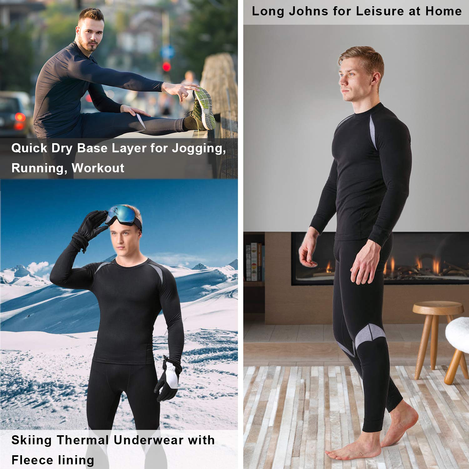 Muezna Men's Thermal Top and Bottom Set Underwear Long Johns Base Layer with Soft Fleece Lined… Black
