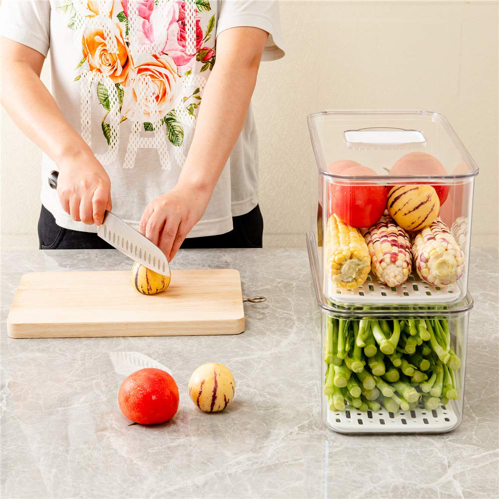 SANNO Produce Saver Refrigerator Organizer Bins with Lids And Removable Drain Tray Food Storage Container Fridge Stackable Freezer Bins For Kitchen Produce Fruit Vegetable (Set of 2)