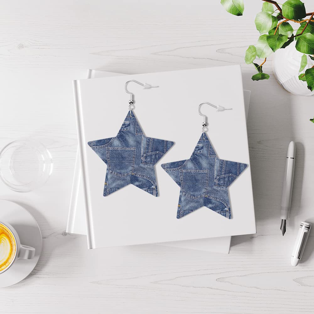 Swono Denim Patchwork Pattern Leather Earrings Indigo Irregular Patchy Wrinkle Jeans Star Faux Leather Earring Lightweight Dangle Drop Earrings for Women Girls