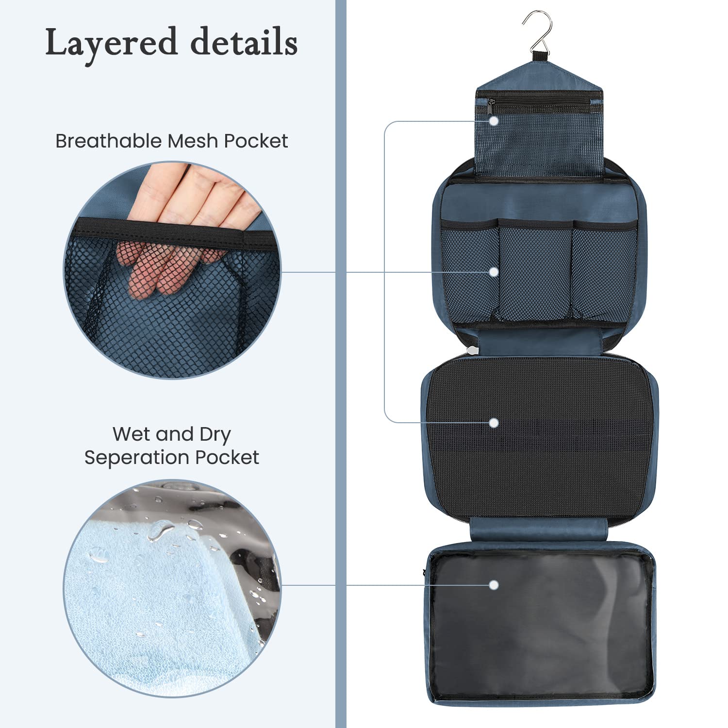 Maliton Hanging Toiletry Bag | Compact Travel Toiletry Bag for Men/Women | Foldable Mens Hygiene Bag with 4 Compartments| Waterproof Travel Bathroom Bag (Navy Blue)